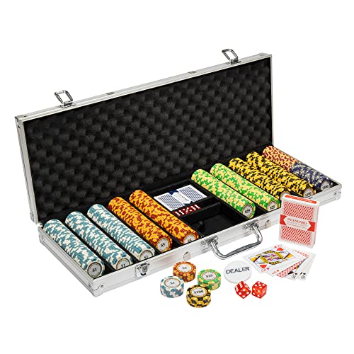 MBGBrybelly Monte Carlo Poker Chip Set Aluminum Carry Case - Casino Clay Composite 14-Gram Quality Poker Chips - with Dice, Playing Cards - Heavy-Duty Protection - Locking Portable Case (500 ct)