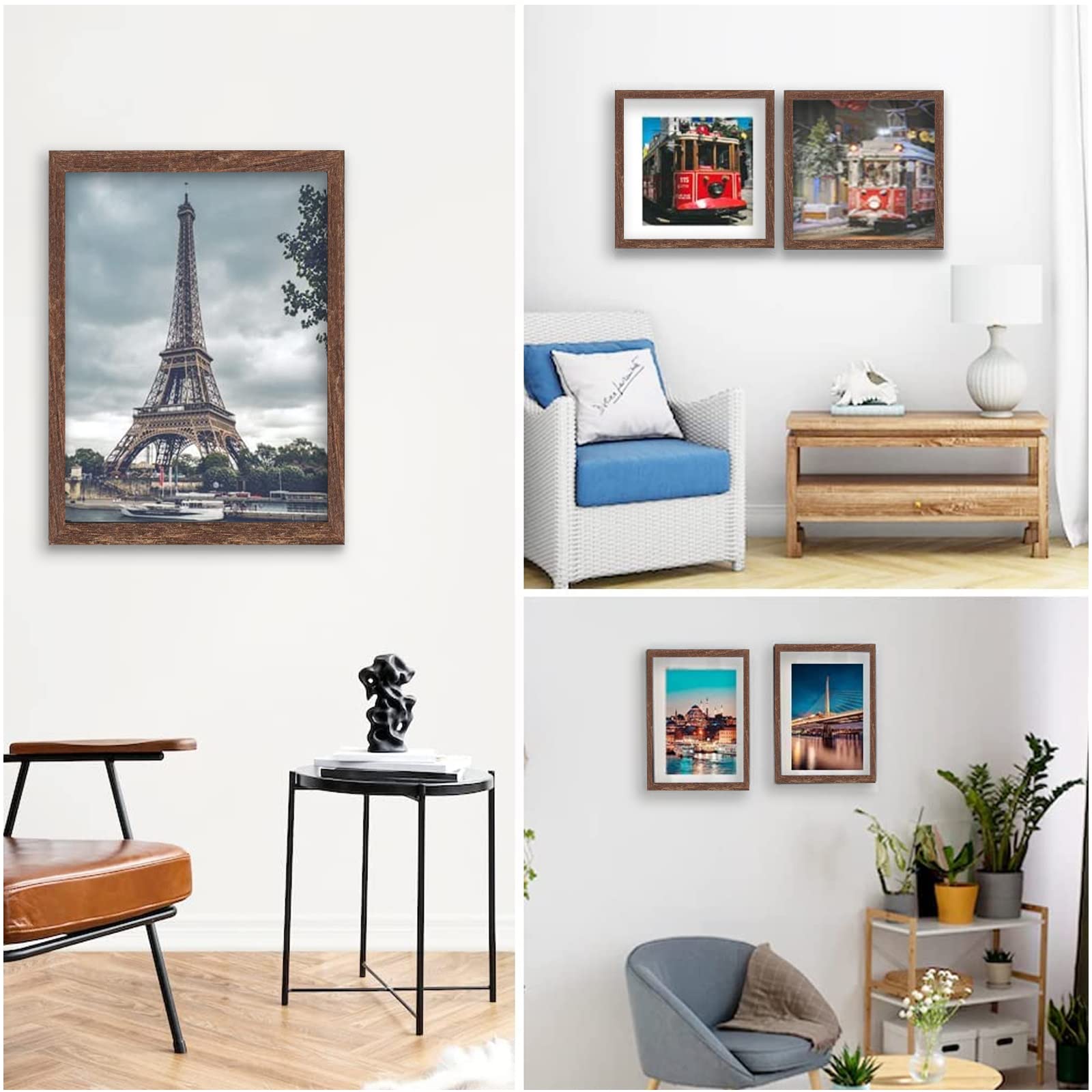 PWTAKO 11x14 Picture Frame Set of 6, Display Pictures 8x10 with Mat or 11x14 Without Mat for Wall Mounting,Rustic Brown