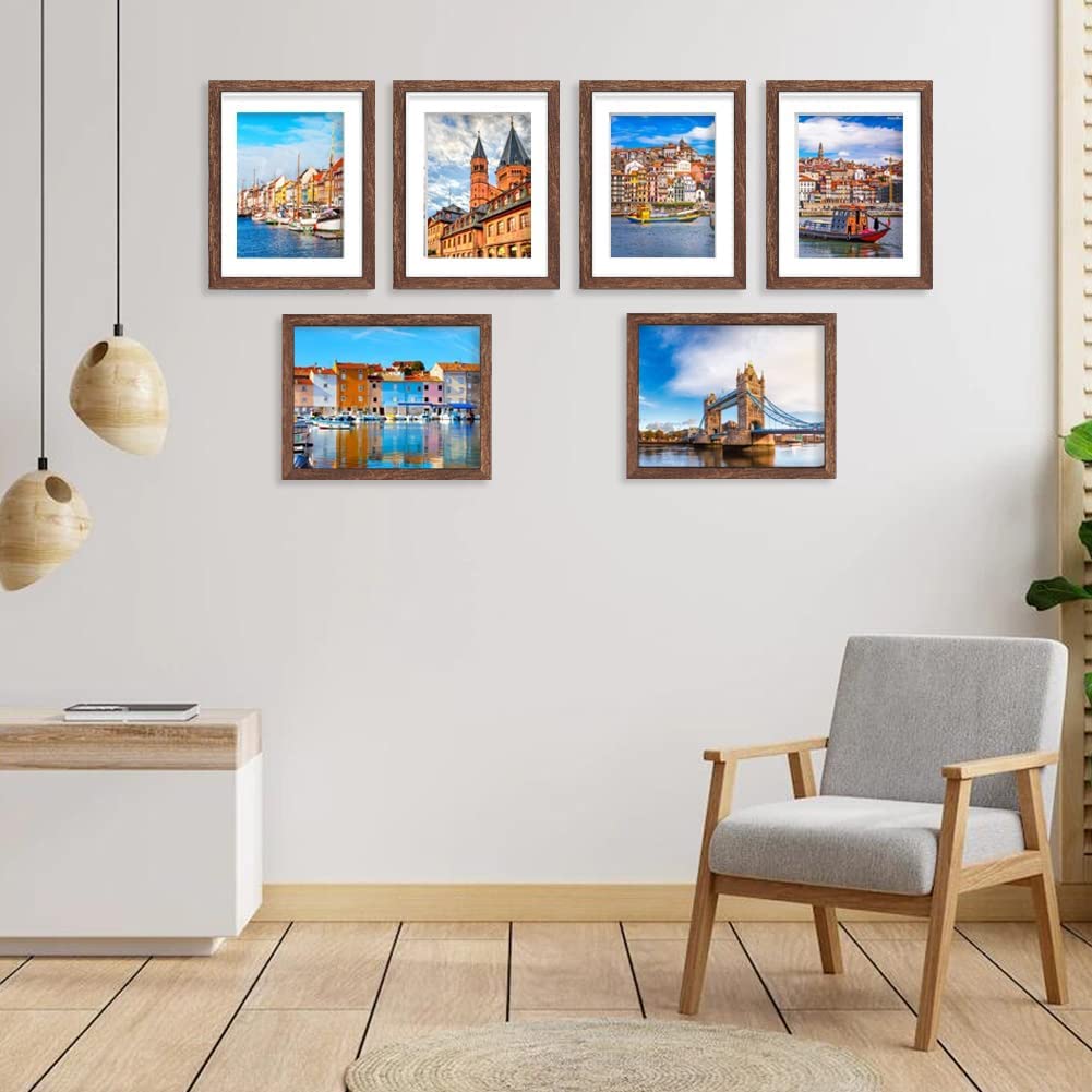 PWTAKO 11x14 Picture Frame Set of 6, Display Pictures 8x10 with Mat or 11x14 Without Mat for Wall Mounting,Rustic Brown
