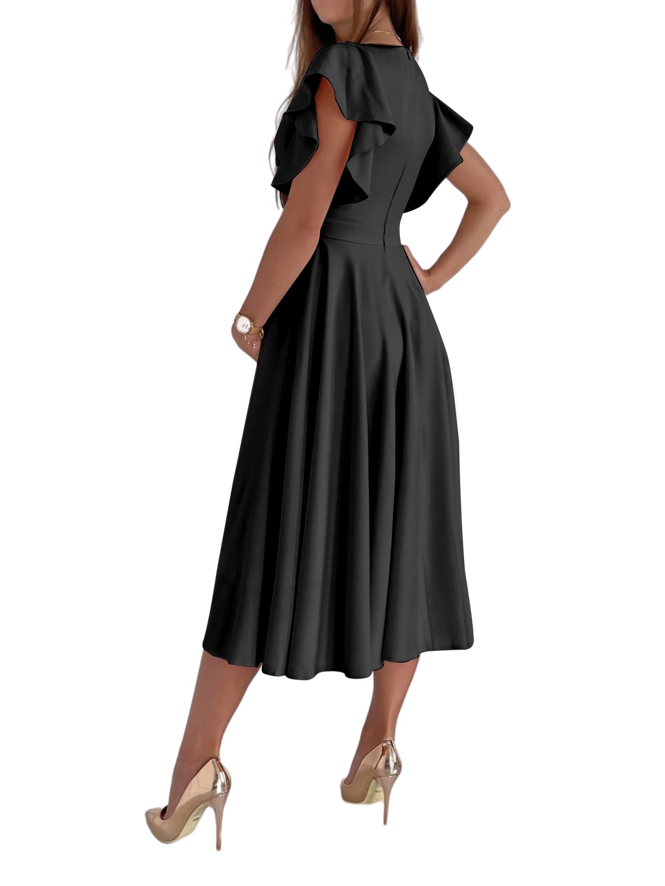 LYANER Women's Deep V Neck Ruffle Short Sleeve Wrap Swing A Line Flared Cocktail Party Midi Dress Black Solid Large