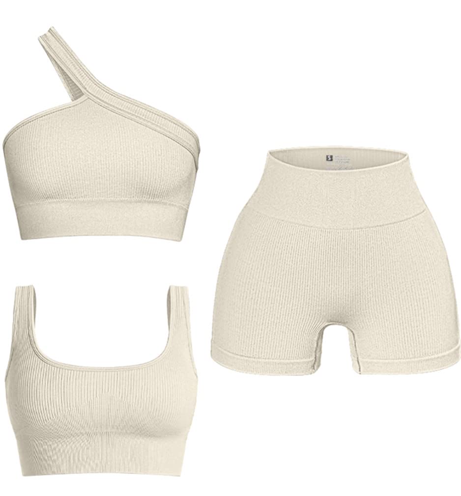 OQQ Women's 3 Piece Outfits Ribbed Seamless Exercise Scoop Neck Sports Bra One Shoulder Tops High Waist Shorts Active Set Beige