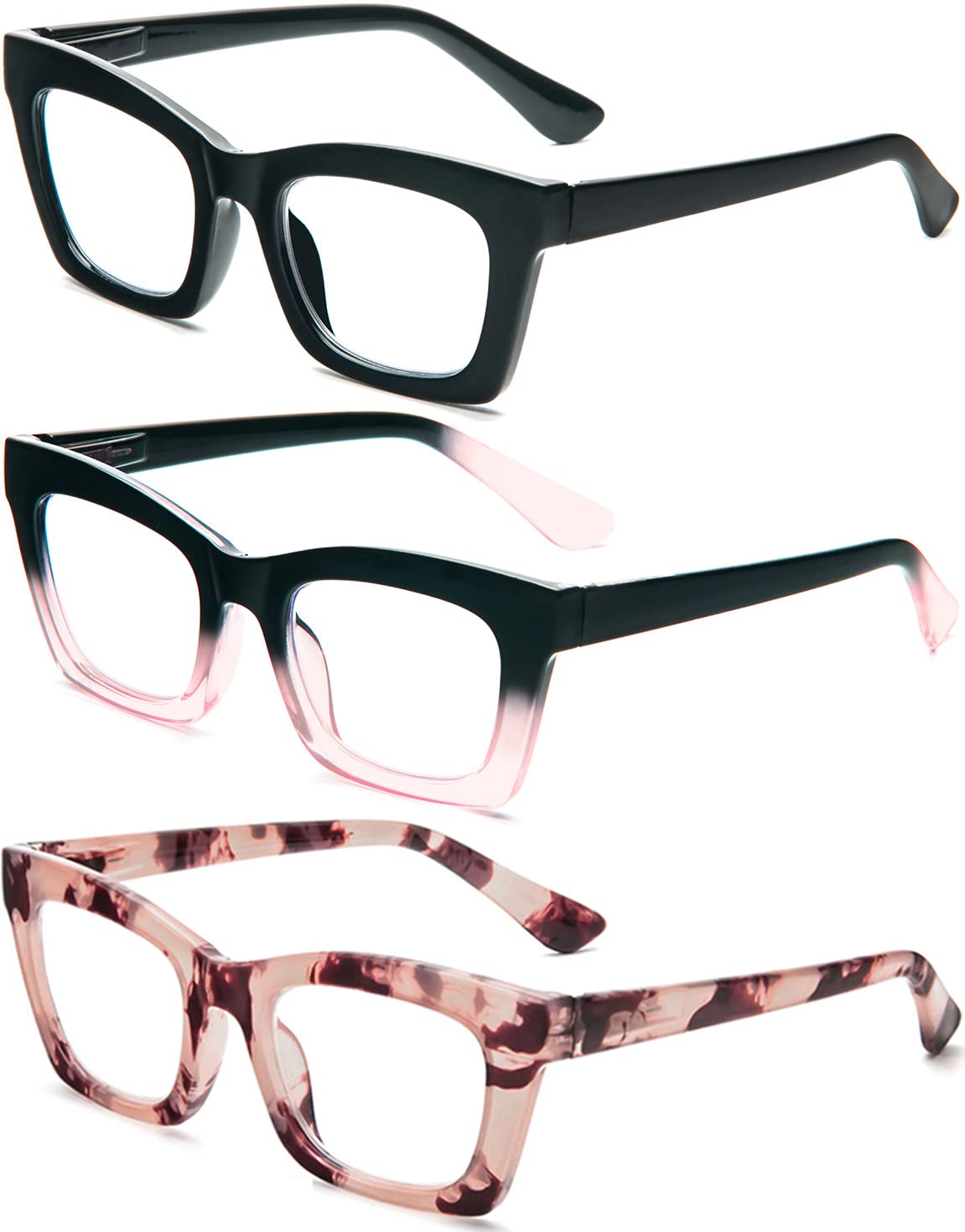 REAVEE 3 Pack Oprah Style Reading Glasses Blue Light Blocking Computer Square Retro Readers for Women with Spring Hinge 1.5