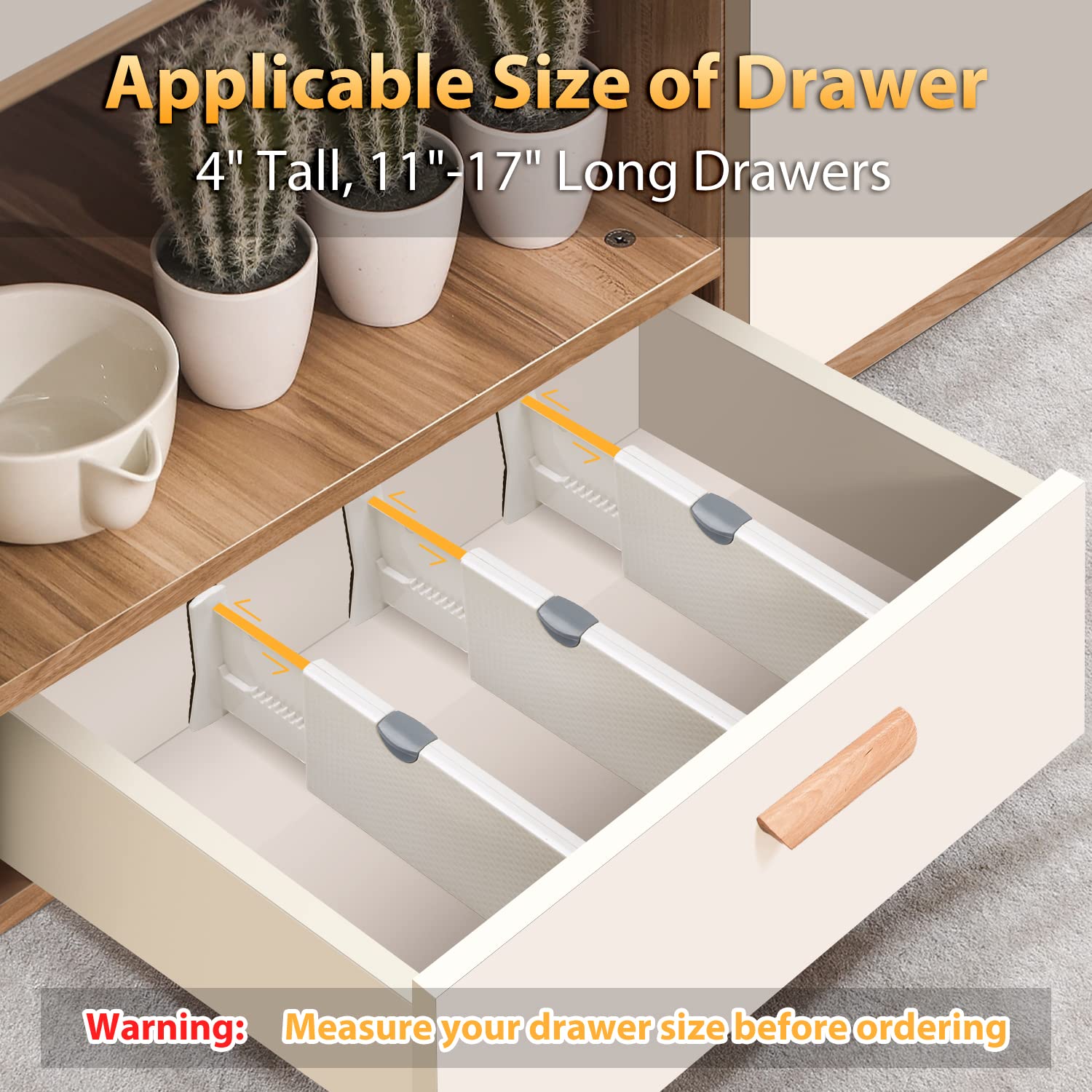 JONYJ Drawer Dividers Organizer 5 Pack, Adjustable Separators 4" High Expandable from 11-17" for Bedroom, Bathroom, Closet,Clothing, Office, Kitchen Storage, Strong Secure Hold, Foam Ends(White)