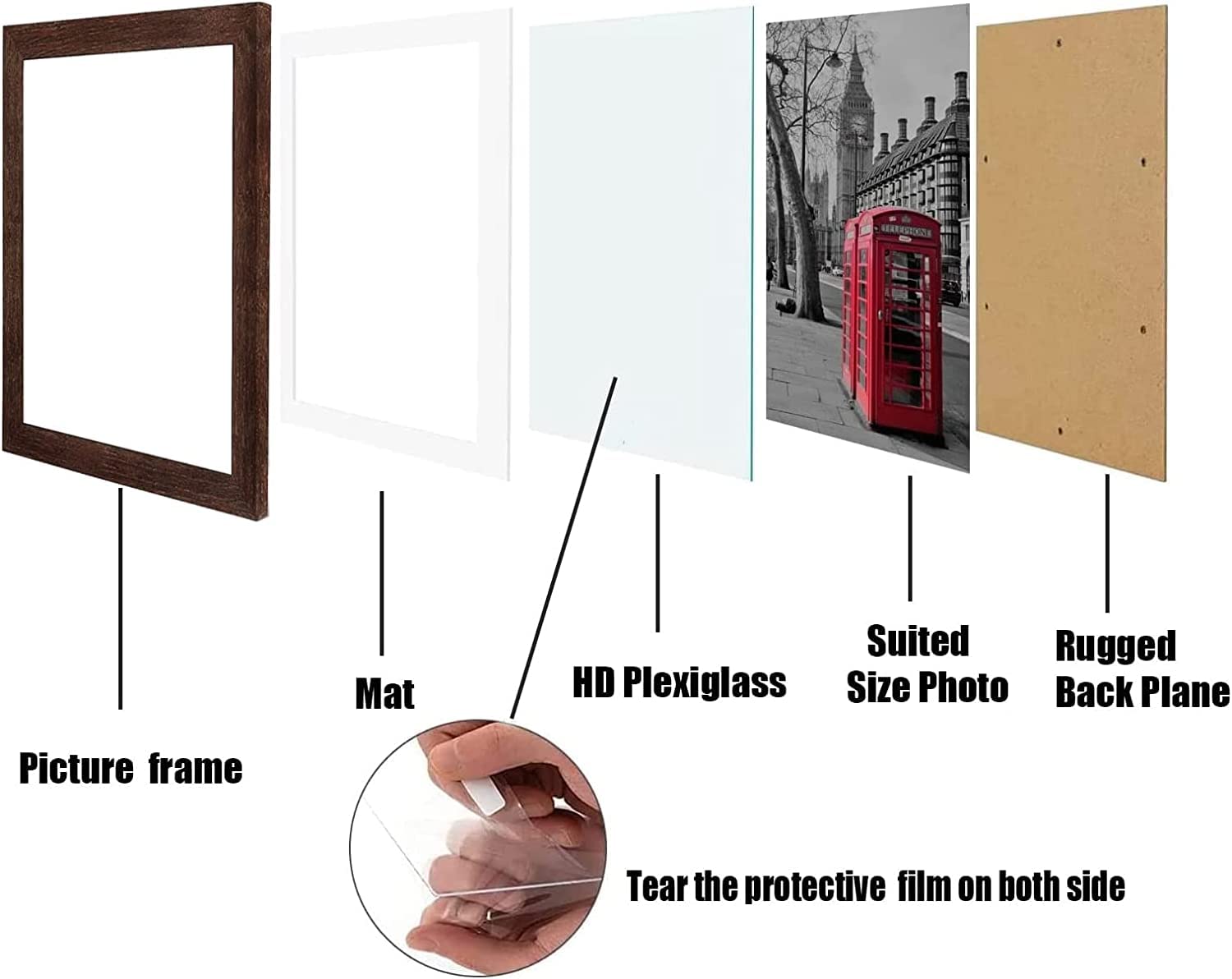 PWTAKO 11x14 Picture Frame Set of 6, Display Pictures 8x10 with Mat or 11x14 Without Mat for Wall Mounting,Rustic Brown