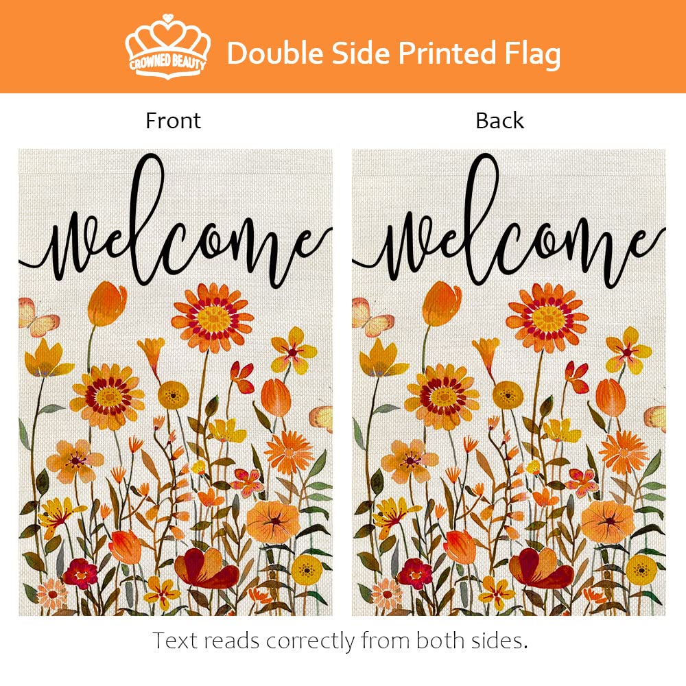 CROWNED BEAUTY Fall Floral Garden Flag 12x18 Inch Small Double Sided for Outside Thanksgiving Burlap Welcome Yard Decoration