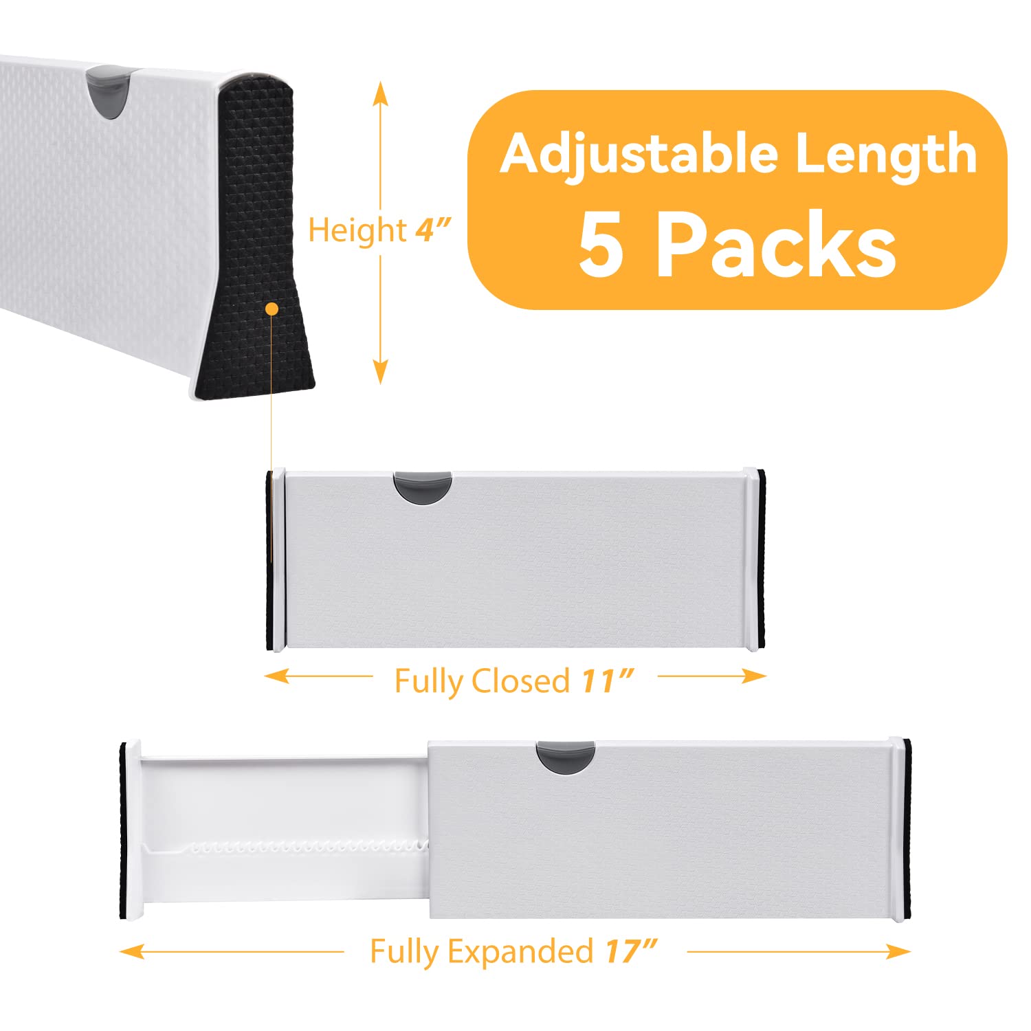 JONYJ Drawer Dividers Organizer 5 Pack, Adjustable Separators 4" High Expandable from 11-17" for Bedroom, Bathroom, Closet,Clothing, Office, Kitchen Storage, Strong Secure Hold, Foam Ends(White)