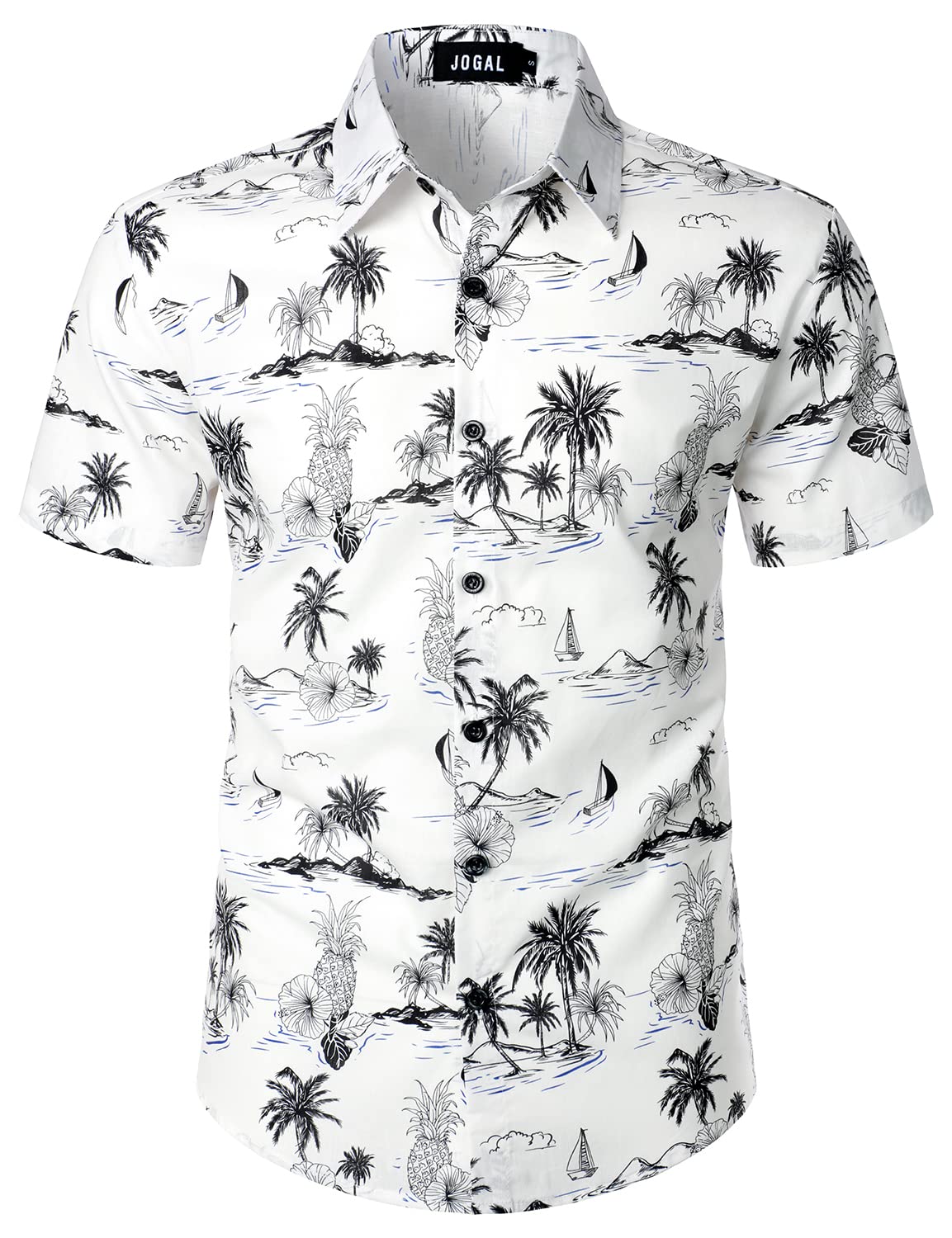 JOGAL Men's Flower Cotton Button Down Short Sleeve Hawaiian Shirt White XX-Large