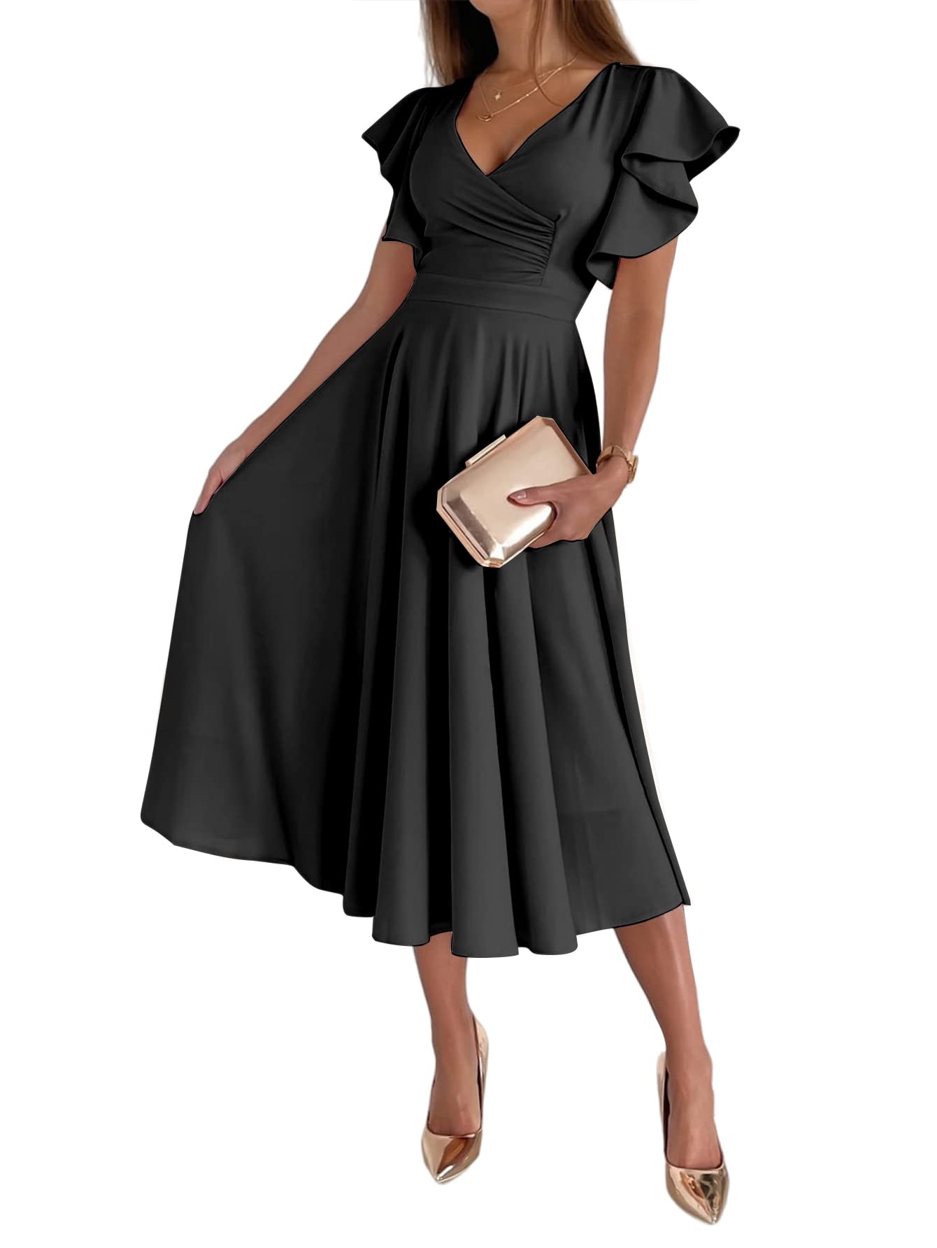 LYANER Women's Deep V Neck Ruffle Short Sleeve Wrap Swing A Line Flared Cocktail Party Midi Dress Black Solid Large