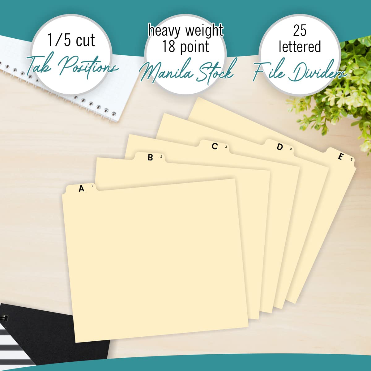 Alphabetical File Organizer, File Cabinet Dividers Letter Size, 25 Heavyweight Manila Guides A-Z Dividers with Tabs, 1/5 Cut Tab Positions Filing Cabinet and Desk Organizer