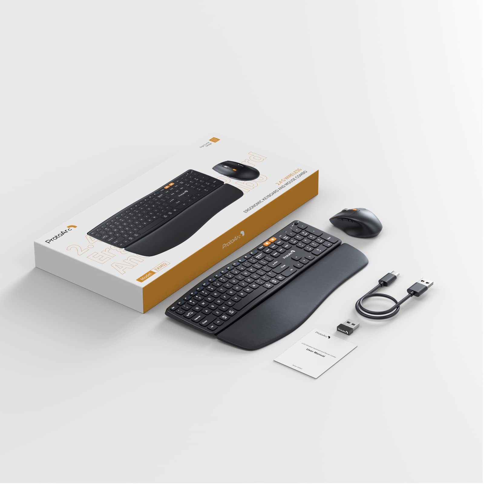 Wireless Keyboard Mouse, ProtoArc EKM02 2.4G Rechargeable Ultra-Slim Keyboard for Mac with Removable Magnetic Wrist Rest, Full Size Curved Keyboard for Natural Typing, Compatible with Windows/Mac
