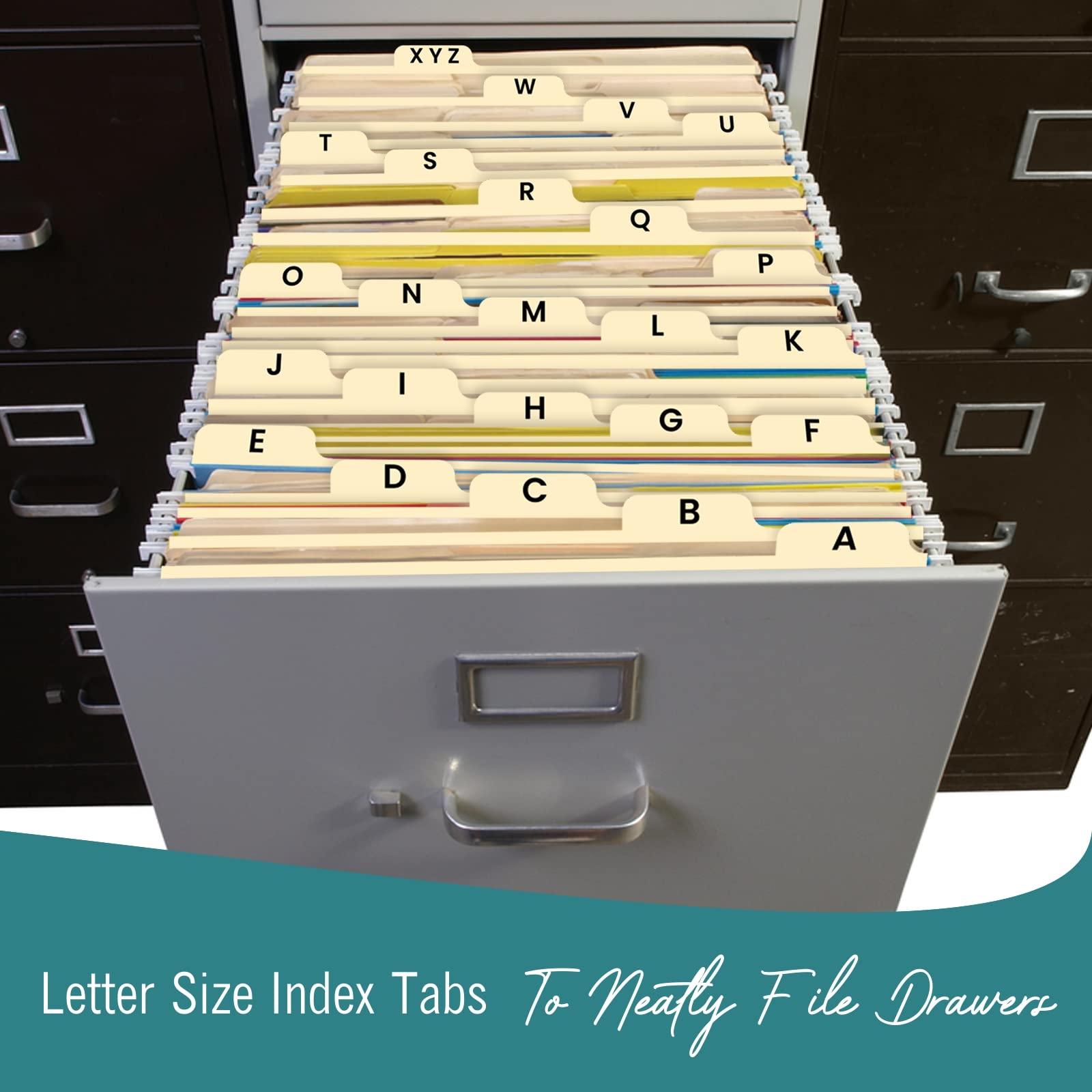 Alphabetical File Organizer, File Cabinet Dividers Letter Size, 25 Heavyweight Manila Guides A-Z Dividers with Tabs, 1/5 Cut Tab Positions Filing Cabinet and Desk Organizer