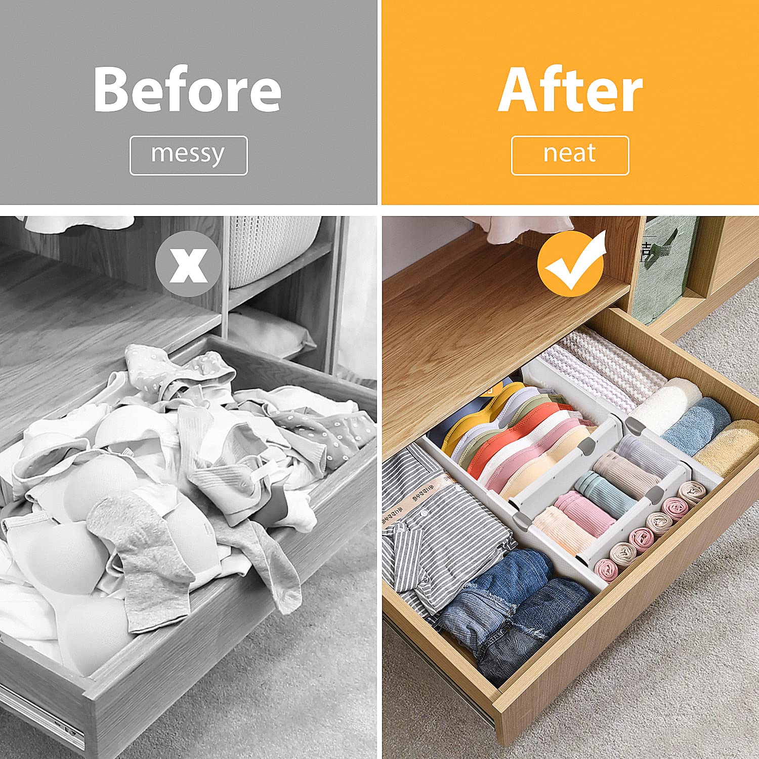 JONYJ Drawer Dividers Organizer 5 Pack, Adjustable Separators 4" High Expandable from 11-17" for Bedroom, Bathroom, Closet,Clothing, Office, Kitchen Storage, Strong Secure Hold, Foam Ends(White)