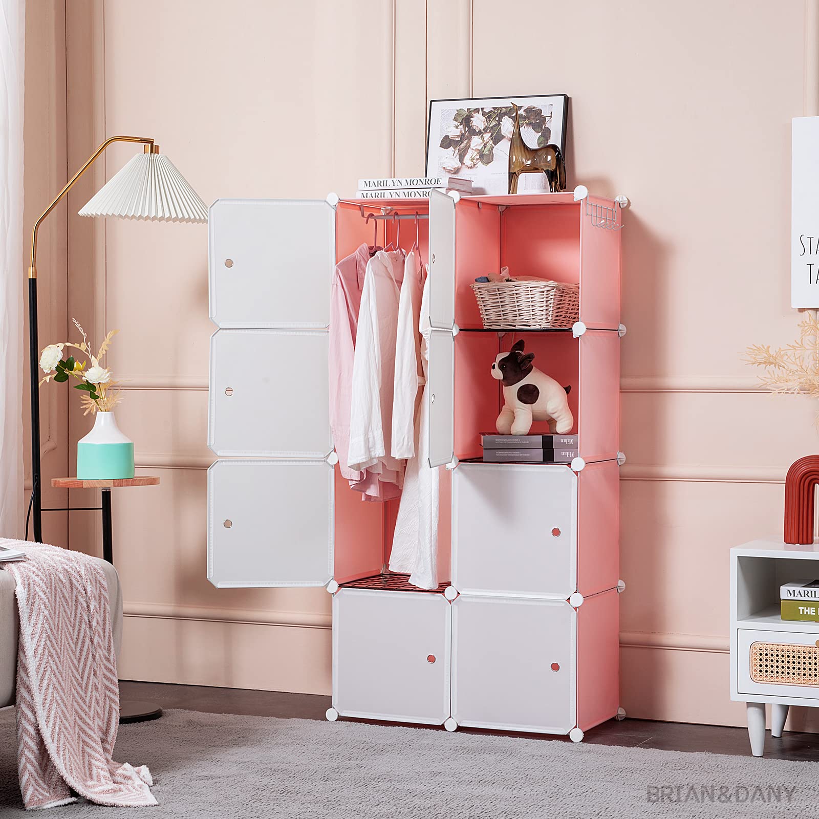 BRIAN & DANY Portable Wardrobe Closet for Hanging Clothes, Bedroom Armoire with Doors, Modular Cabinet for Space Saving, Ideal Storage Organizer Cube for Books, Toys, Towels (8-Cube), Pink