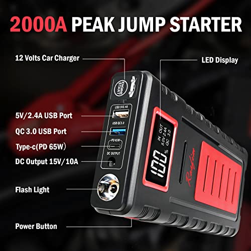 Portable Car Jump Starter, Rosfim 2000A Jump Starter Battery Pack for up to 8.5L Gas and 6.5L Diesel Engines,12V Auto Battery Booster, USB-C PD 65W Power Bank Charger with LCD Display