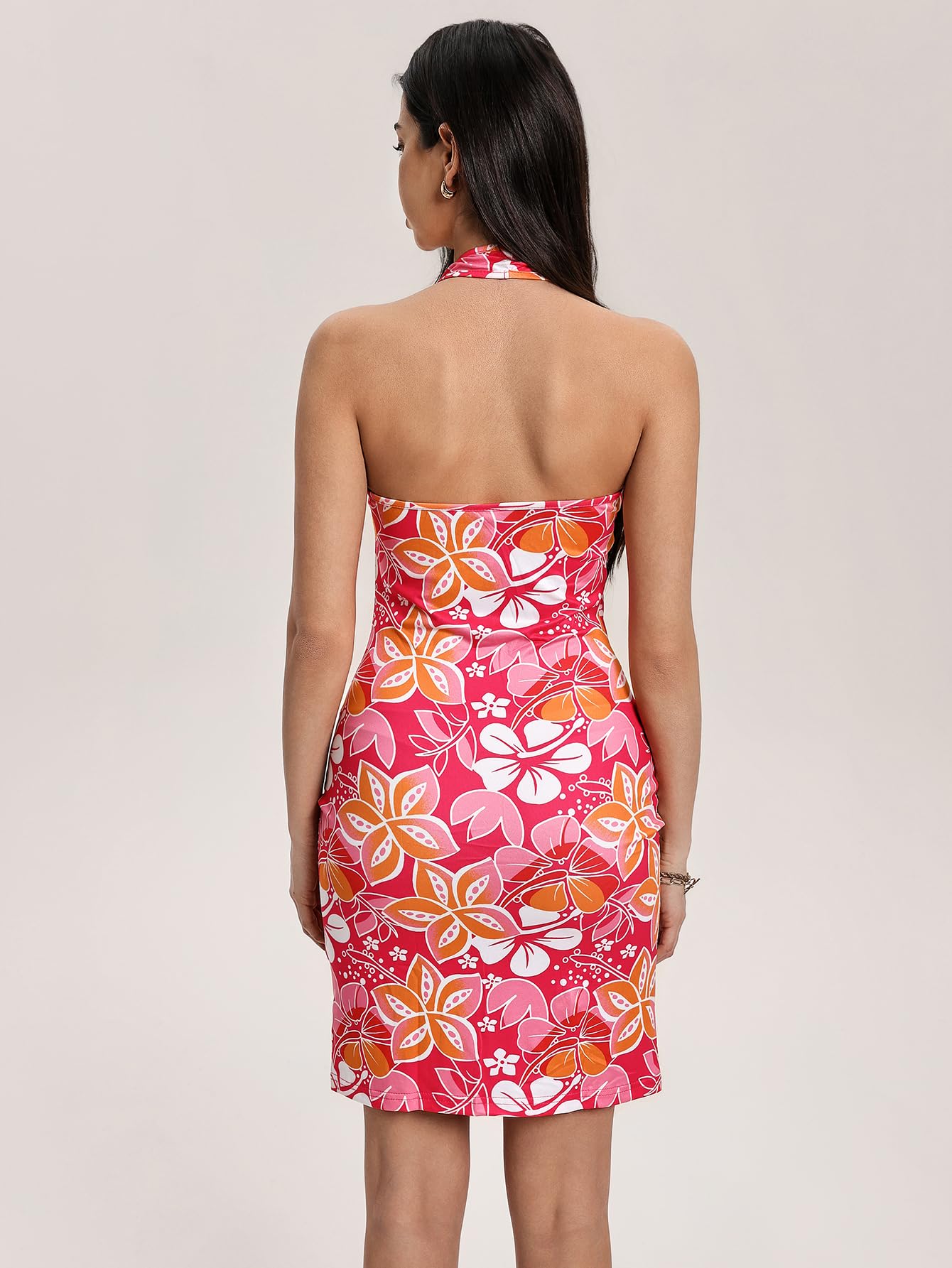 Floerns Women's Sleeveless Halter Backless Tie Back Floral Bodycon Mini Dress Pink Multi M
