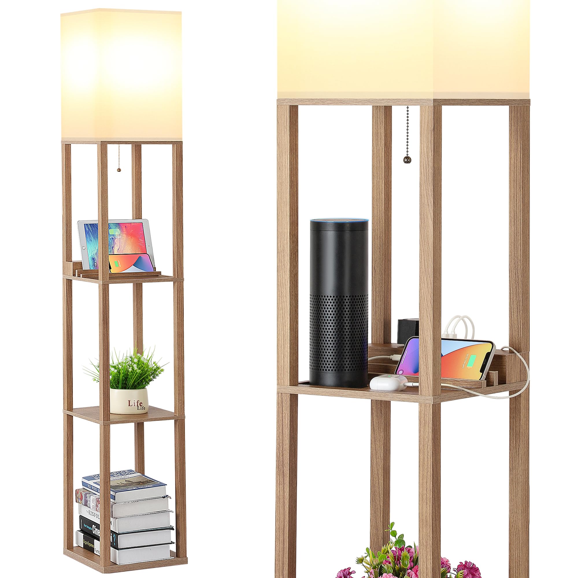 SHINE HAI Shelf Lamp, Modern Standing Light with 1 USB Port and 1 Type C Port and 1 Power Outlet, 3-Tiered Display Floor Lamps with Shelves for Living Room, Bedroom and Office - Wood