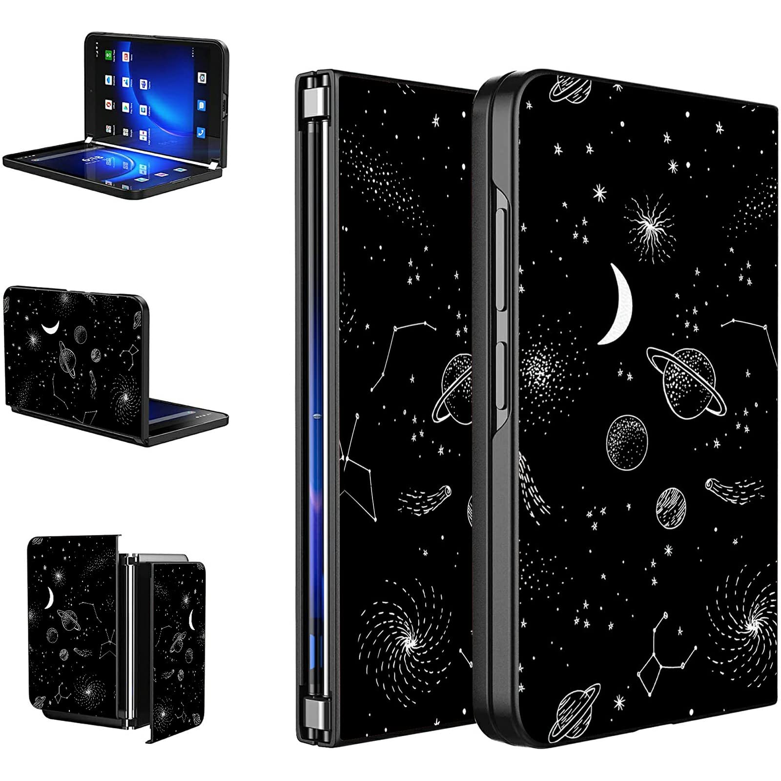 BWEGRHE Moon Spaceship Designed for 8.1" Microsoft Surface Duo Case, Full Cover Ultra Thin PU Leather Back Hard PC Phone Case for Microsoft Surface Duo (2020)