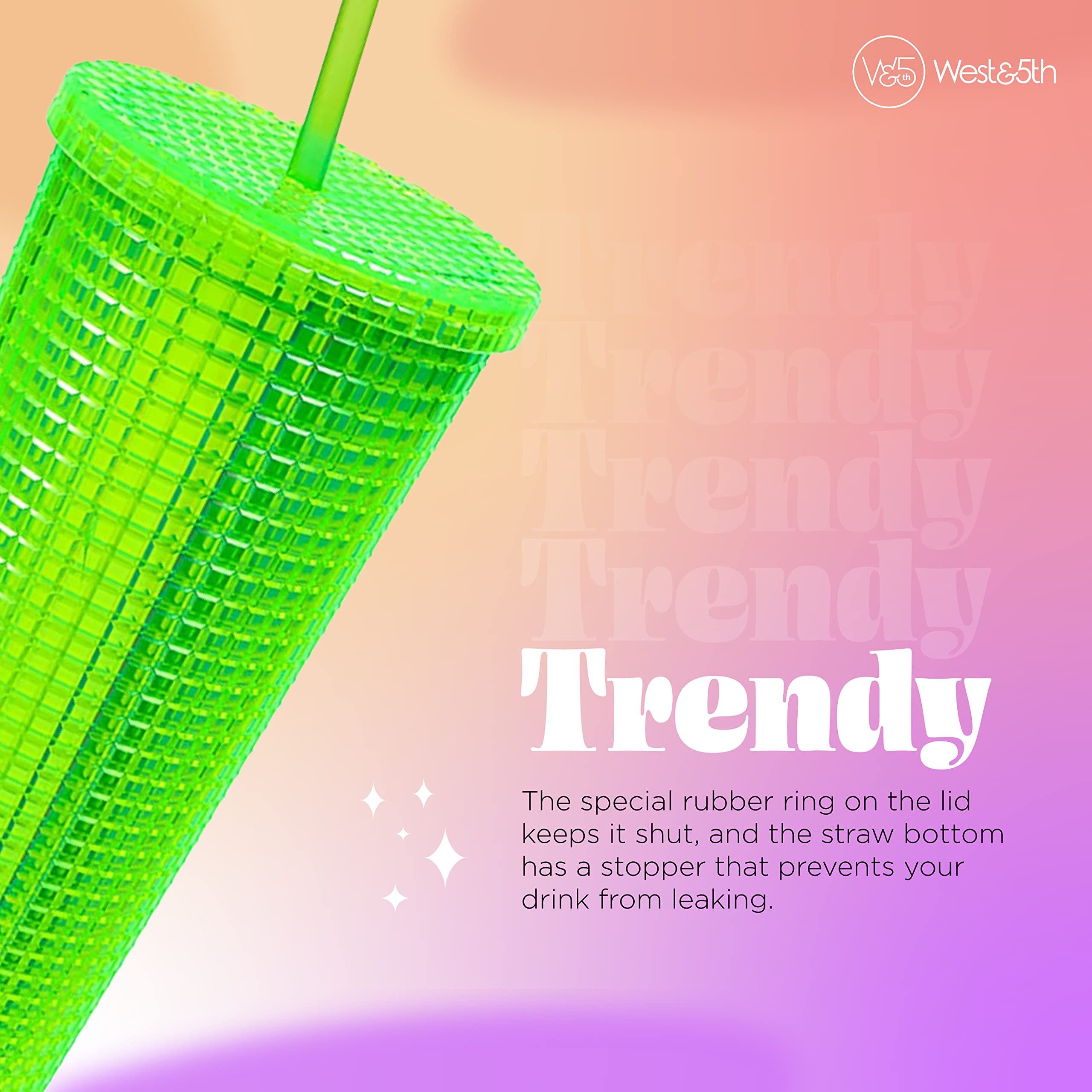 WEST & FIFTH Grid Plastic Cold-Cup Tumbler with Straw, Iridescent Semi-Transparent Square-Textured Cup, BPA-Free Double-Wall Cup for Iced Coffee, Cold Drinks, or Water, 24oz., Neon Green