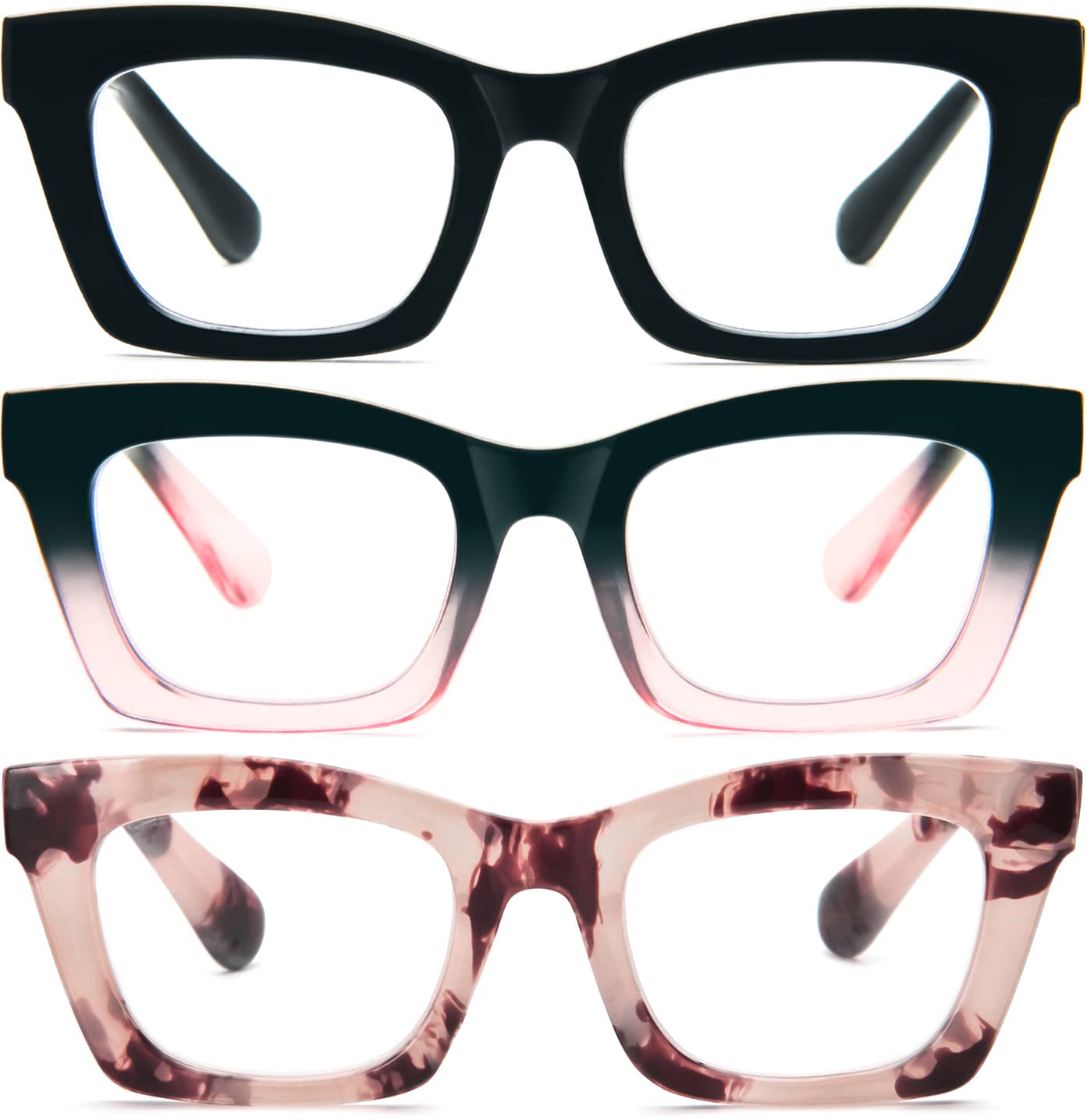 REAVEE 3 Pack Oprah Style Reading Glasses Blue Light Blocking Computer Square Retro Readers for Women with Spring Hinge 1.5
