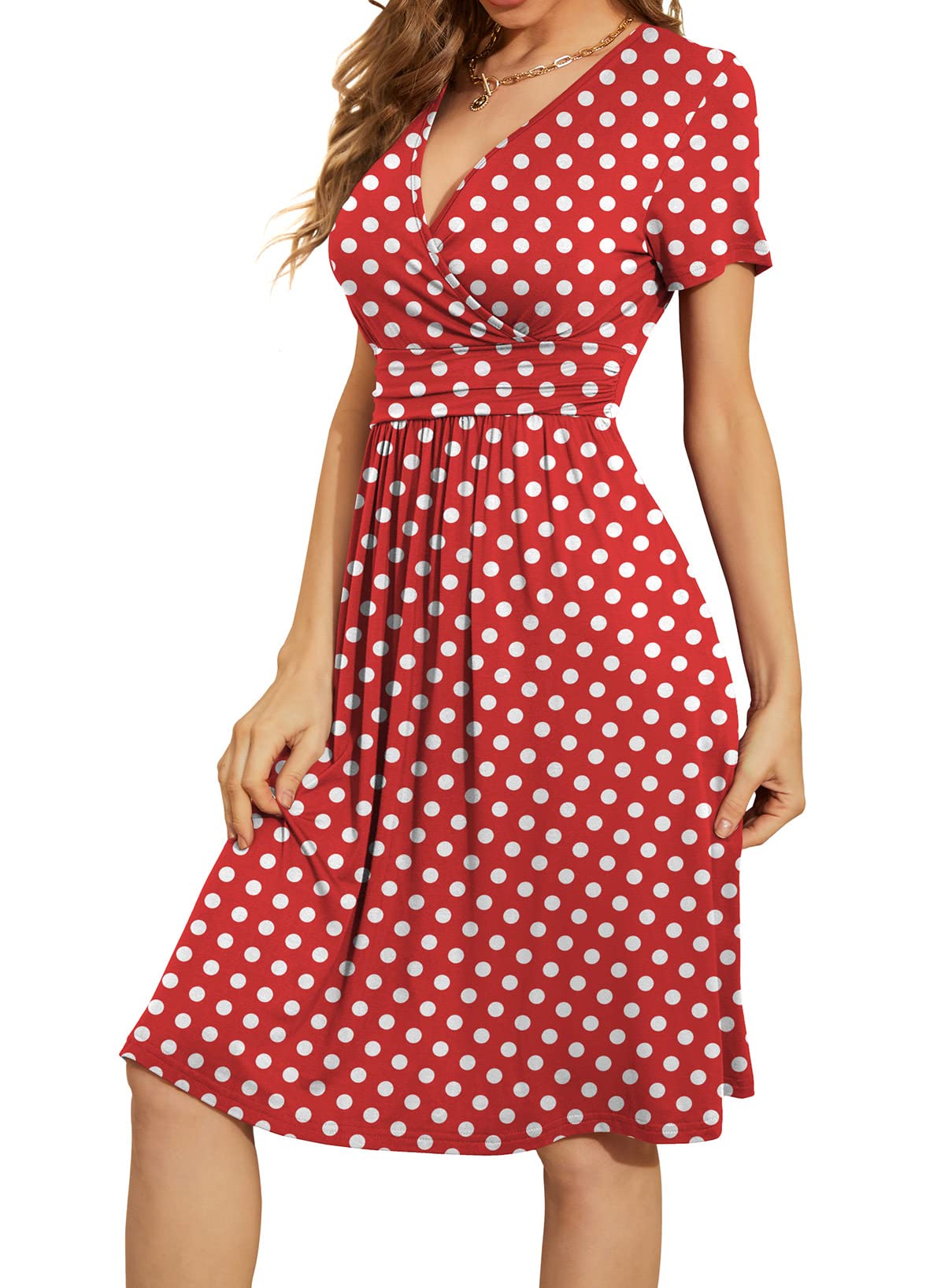 WEACZZY Women Summer Casual Short Sleeve Dresses Empire Waist Dress with Pockets,White Dot Red,S