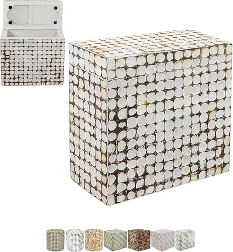 East at Main Rectangle Side Table - Real Coconut Shell Mosaic Inlaid, Pre-Assembled, Natural Wood and Patina Finish, Storage Side Table(White/Rectangle)