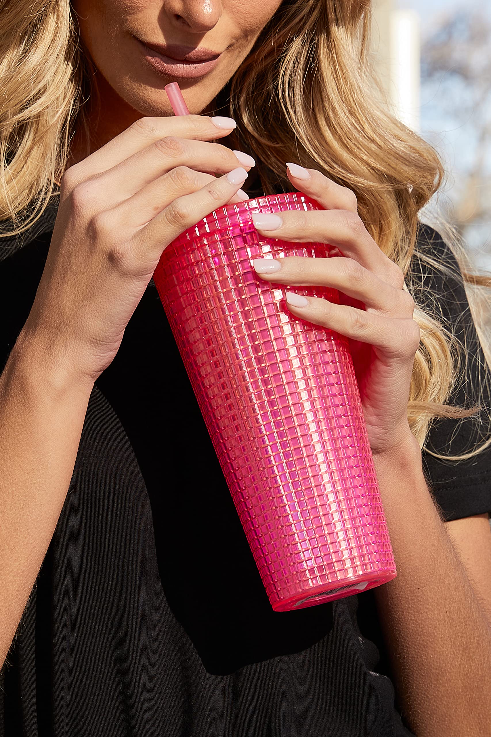 WEST & FIFTH Grid Plastic Cold-Cup Tumbler with Straw, Iridescent Semi-Transparent Square-Textured Cup, BPA-Free Double-Wall Cup for Iced Coffee, Cold Drinks, or Water, 24oz., Neon Green