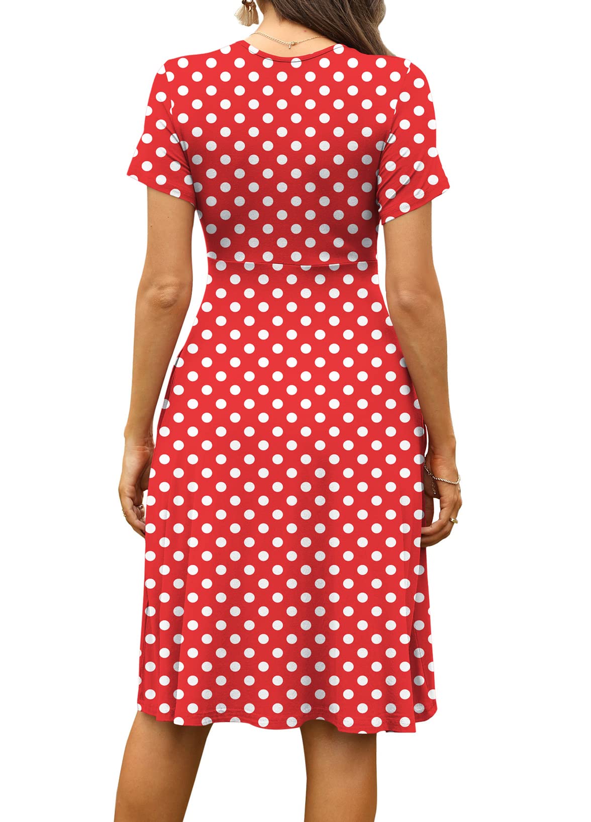 WEACZZY Women Summer Casual Short Sleeve Dresses Empire Waist Dress with Pockets,White Dot Red,S