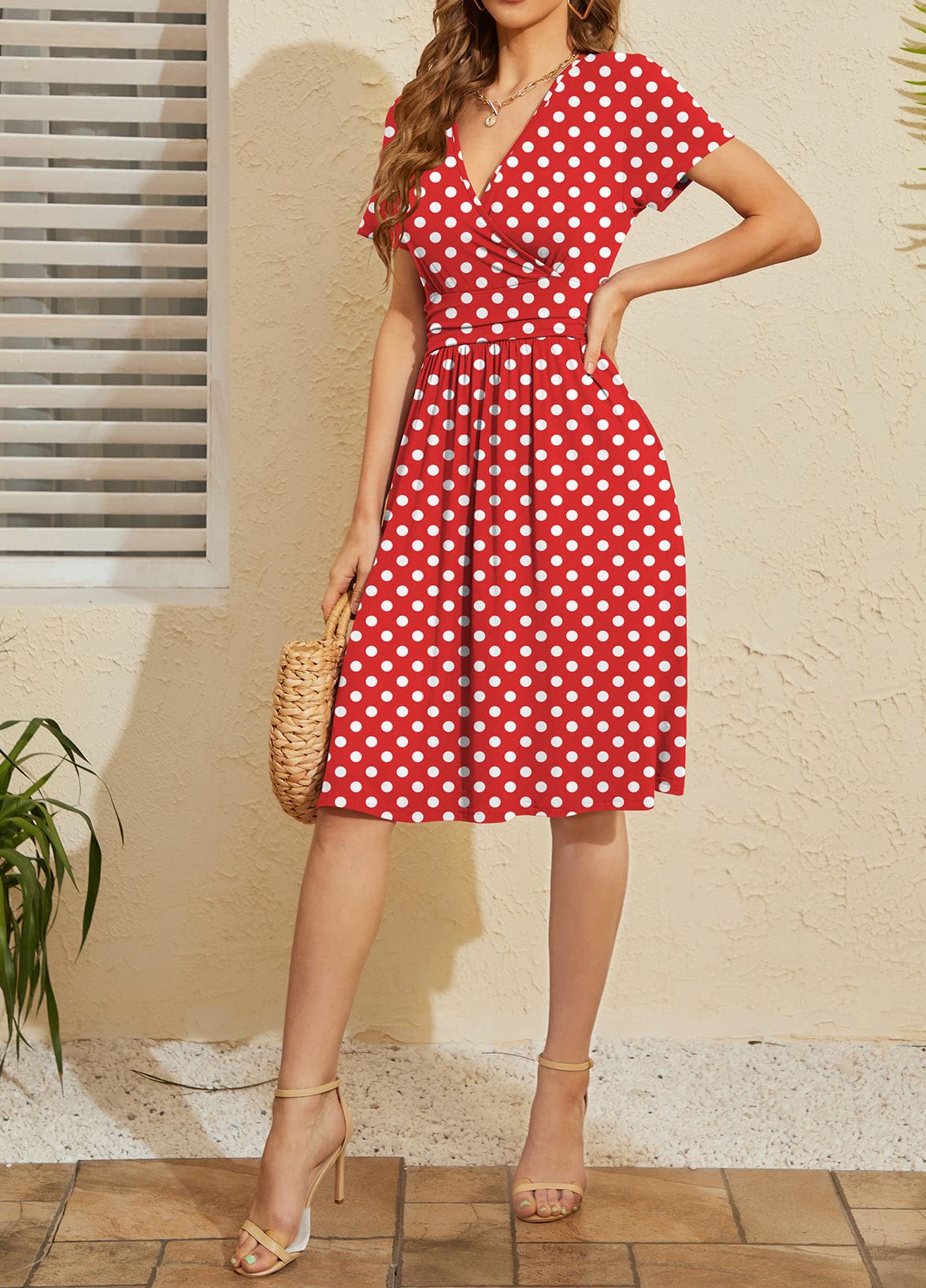 WEACZZY Women Summer Casual Short Sleeve Dresses Empire Waist Dress with Pockets,White Dot Red,S
