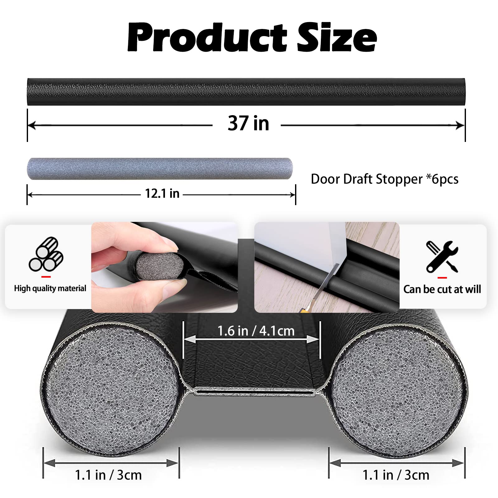 C CELAINER Door Draft Stopper, Draft Stopper for Bottom of Doors, Under Door Draft Blocker, Bottom Seal Weather Stripping, Removable and Washable, Sound Blocker, Adjustable Door Sweeps 37 inch (Black)
