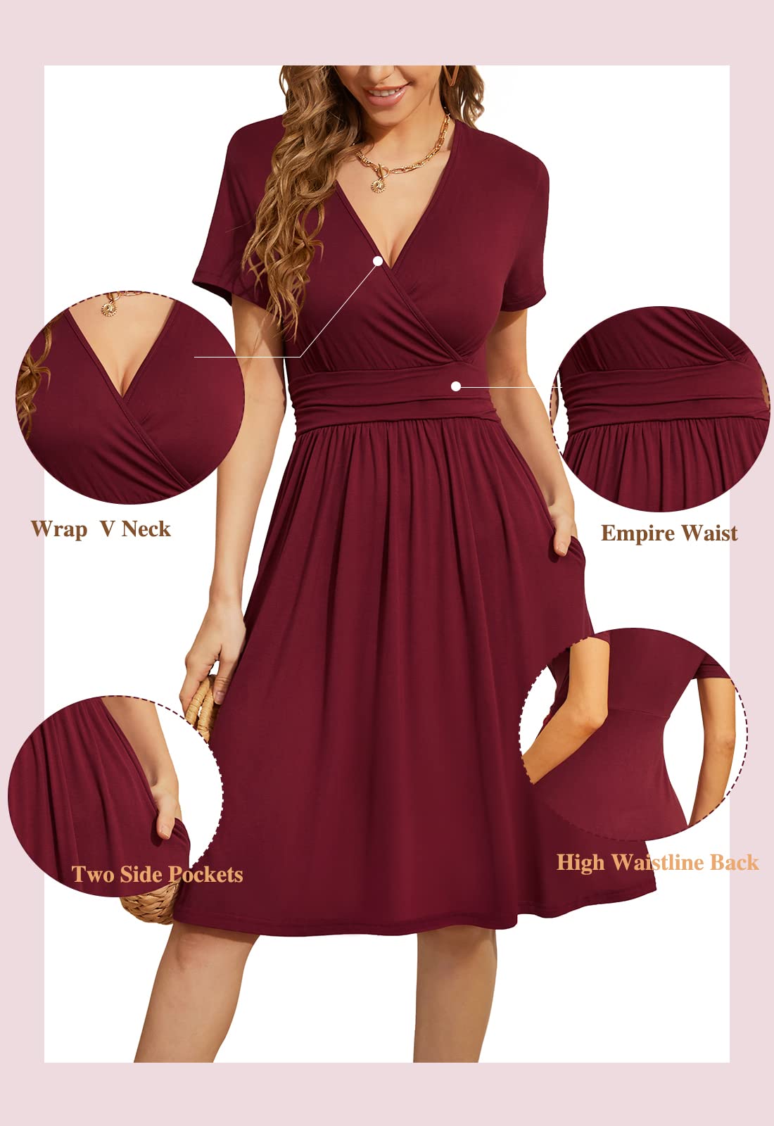 WEACZZY Women Summer Casual Short Sleeve Dresses Empire Waist Dress with Pockets,White Dot Red,S