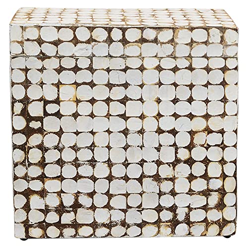 East at Main Rectangle Side Table - Real Coconut Shell Mosaic Inlaid, Pre-Assembled, Natural Wood and Patina Finish, Storage Side Table(White/Rectangle)