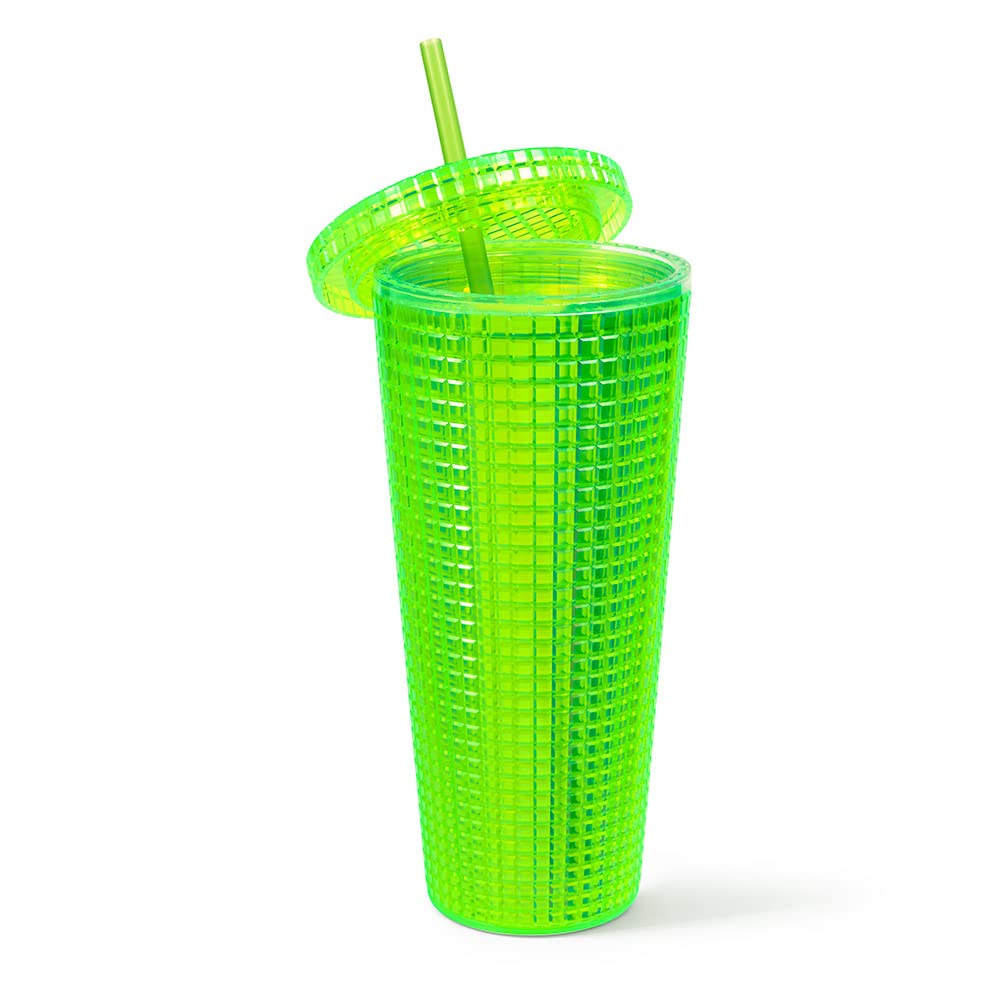 WEST & FIFTH Grid Plastic Cold-Cup Tumbler with Straw, Iridescent Semi-Transparent Square-Textured Cup, BPA-Free Double-Wall Cup for Iced Coffee, Cold Drinks, or Water, 24oz., Neon Green