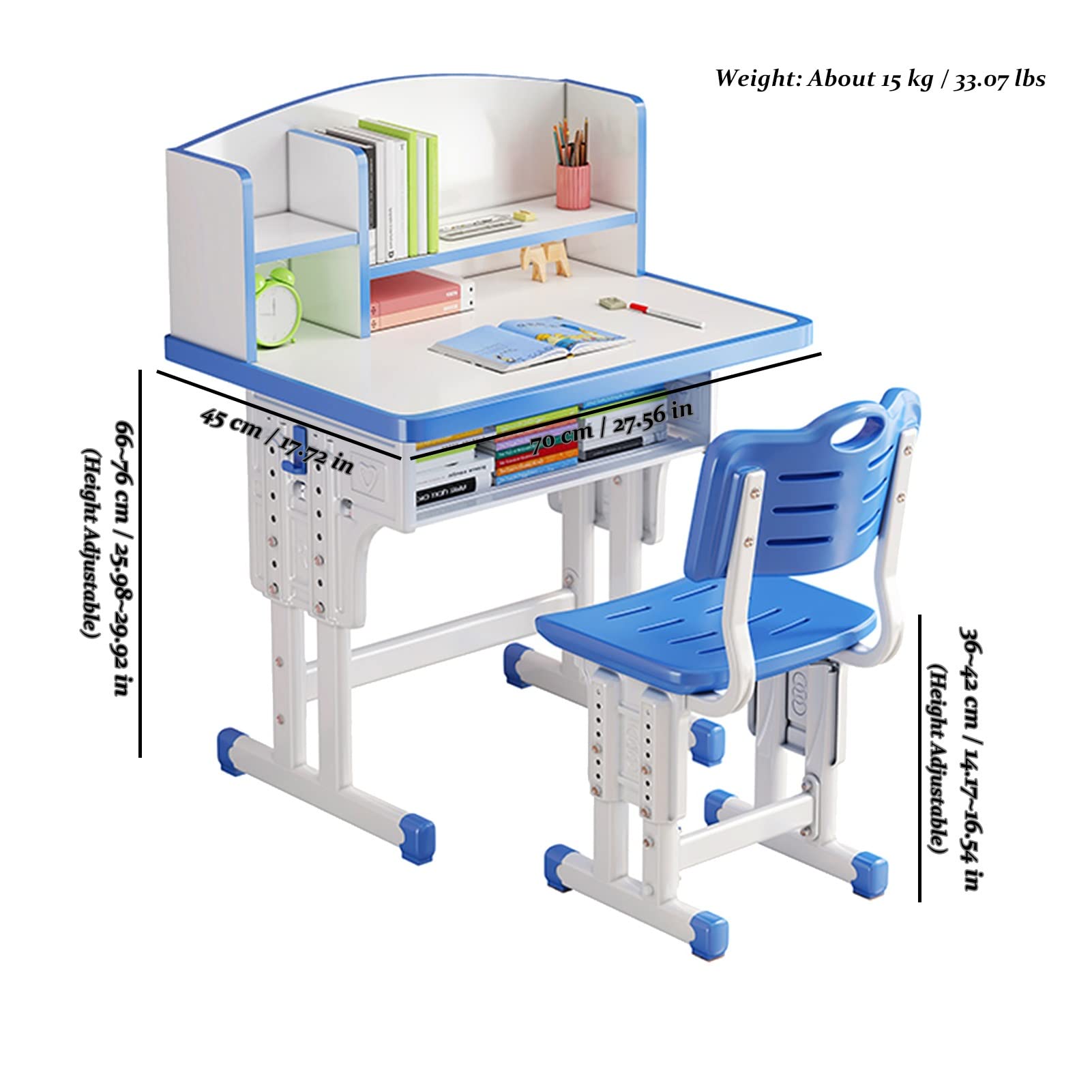 WGLAWL Kids' Study Desk Chair Sets, Blue, Adjustable Height, Ergonomic Design, with Large Storage Drawer and Bookshelf, Suitable for Ages 3-18