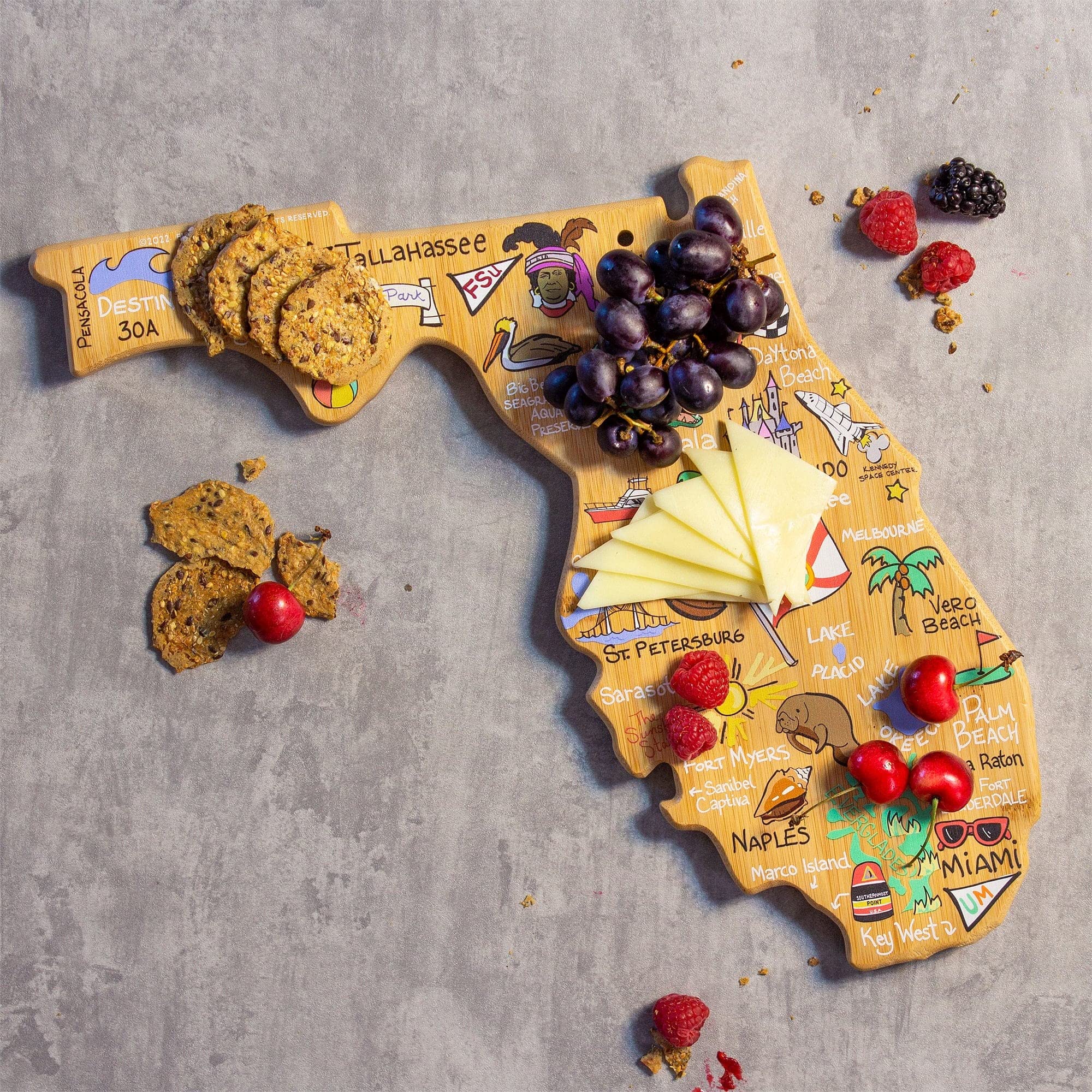Totally Bamboo Florida State Shaped Cutting Board and Charcuterie Serving Platter with Artwork by Fish Kiss, Includes Hang Tie for Wall Display