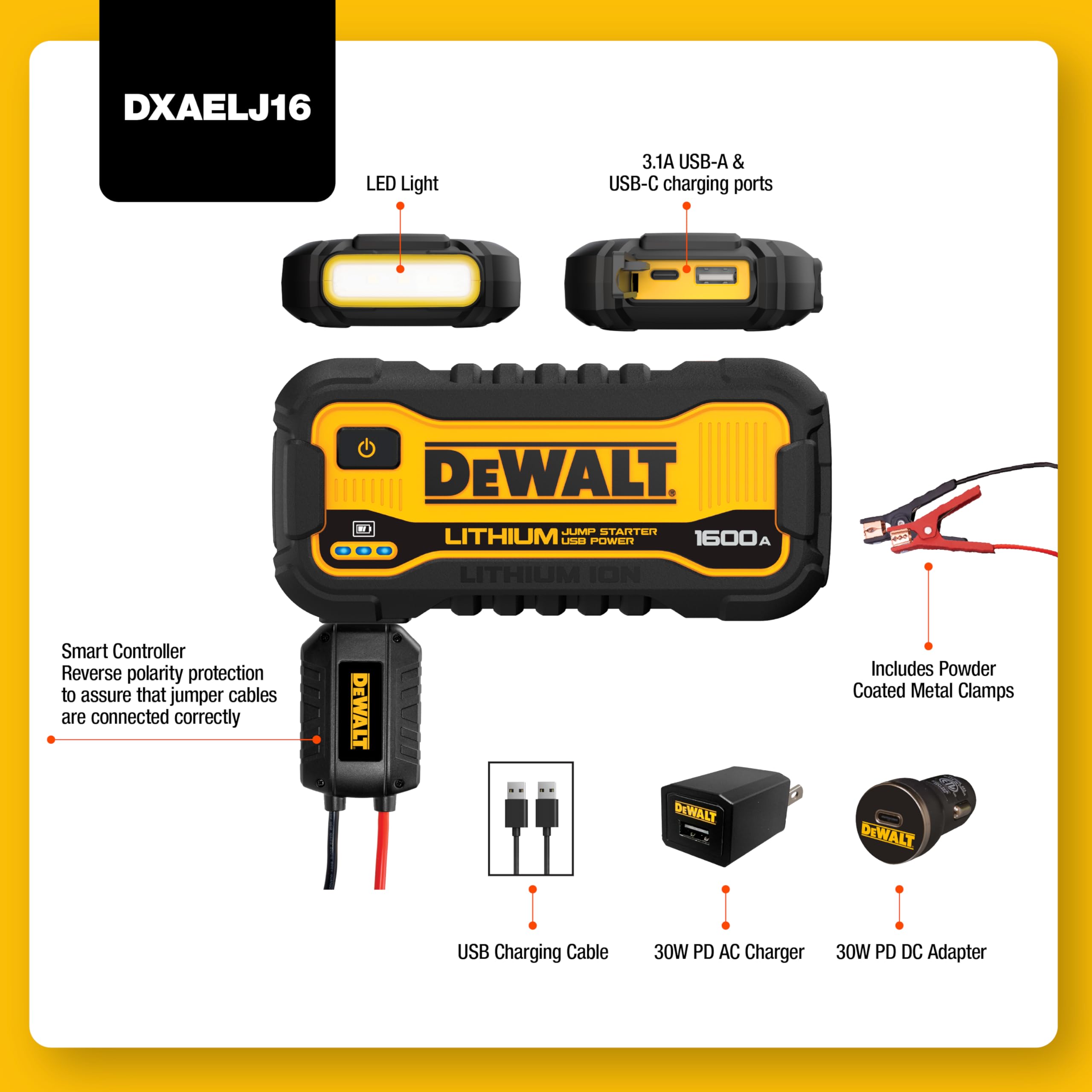 DeWalt DXAELJ16 1600 Peak Amp Jump Starter Battery Booster with USB Power Station