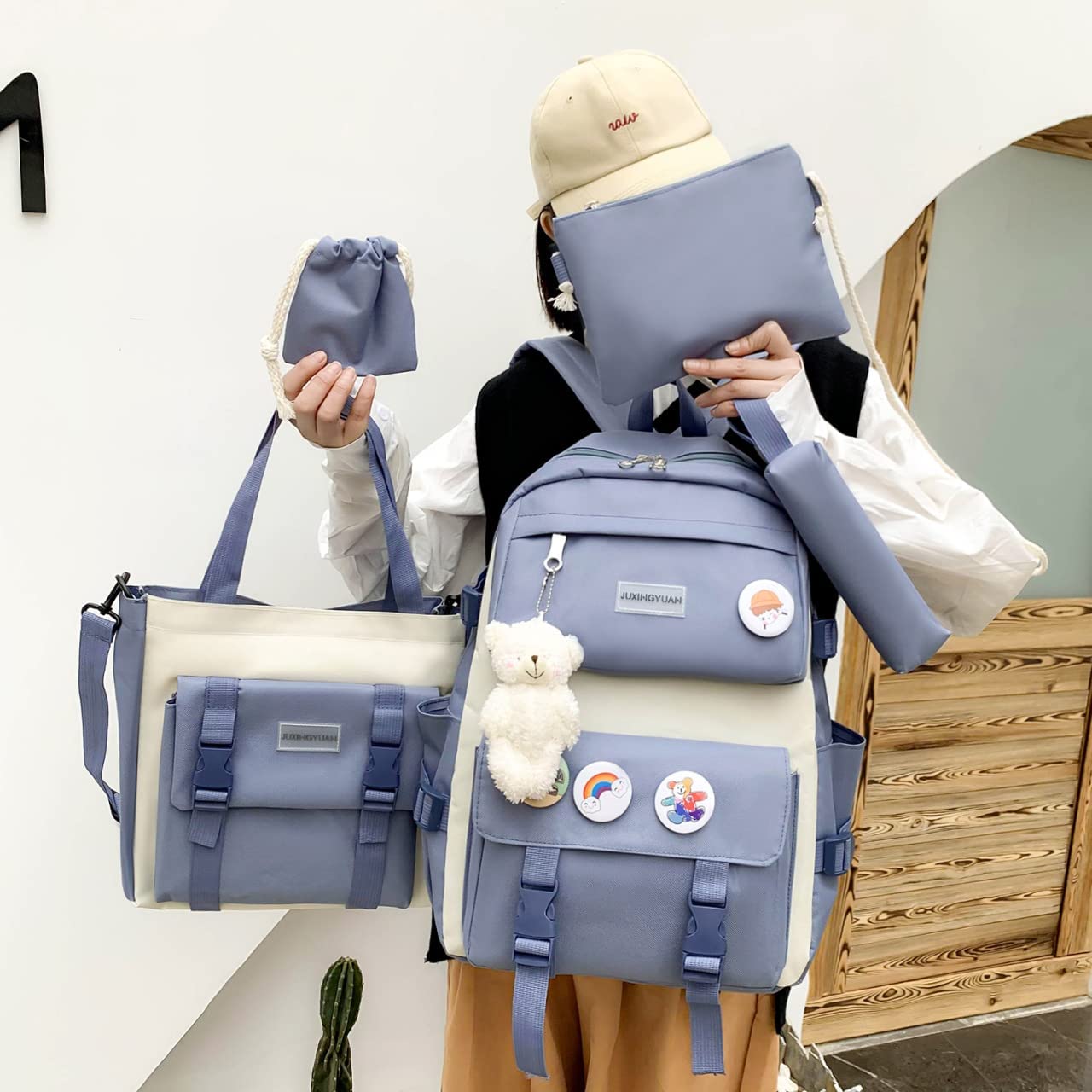 AONUOWE 5pcs Aesthetic Backpack Set for School Teens Girls Daypack Cute Trendy Large Capacity Preppy Shoulder Bag (Blue)