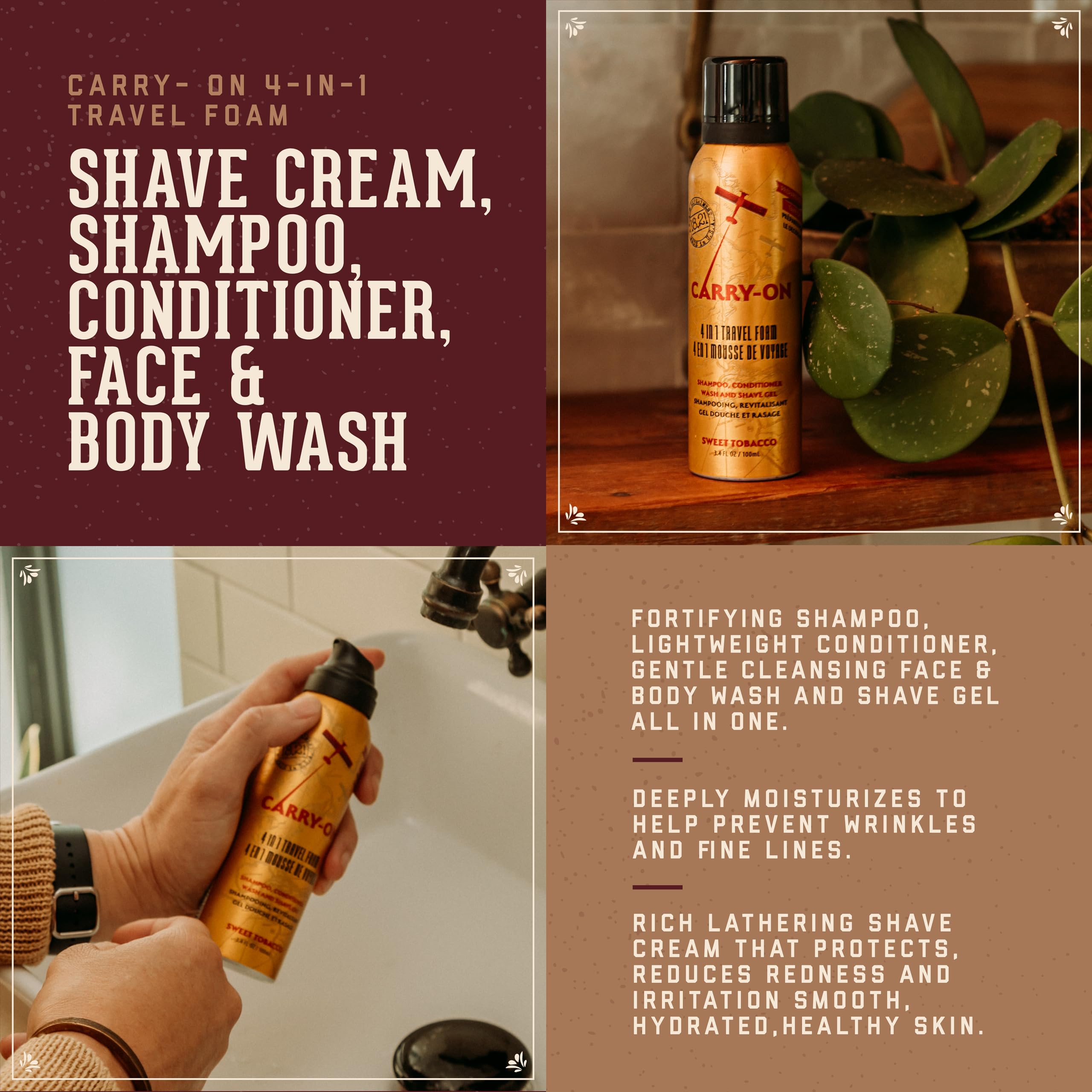 18.21 Man Made Carry On Sweet Tobacco 4-in-1 Travel Foam, Shampoo, Conditioner, Wash & Shave, Carry-On Friendly, 3.4 fl. oz