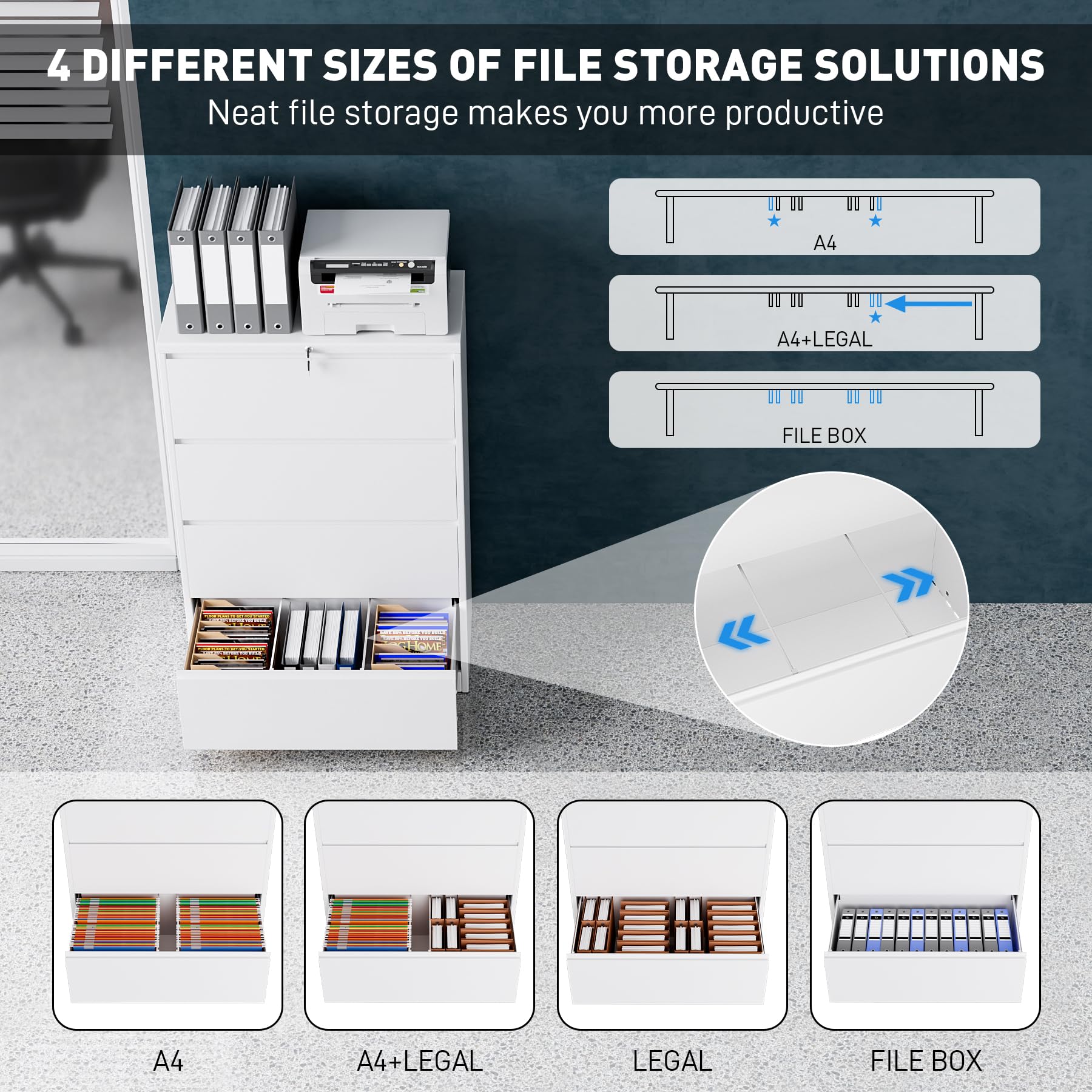 WIILAYOK Lateral File Cabinet, 4 Drawer Metal Lateral Filing Cabinet with Lock, File Cabinet for Home Office fits Letter/Legal/A4 Size