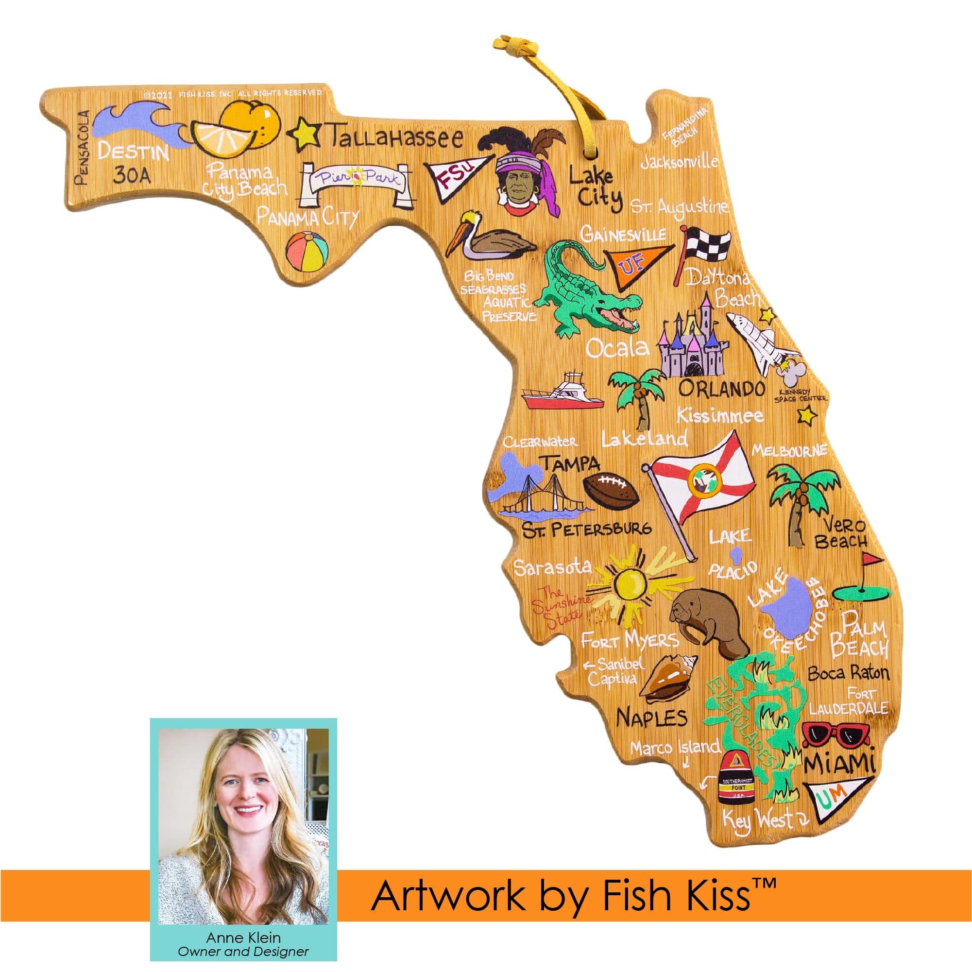 Totally Bamboo Florida State Shaped Cutting Board and Charcuterie Serving Platter with Artwork by Fish Kiss, Includes Hang Tie for Wall Display