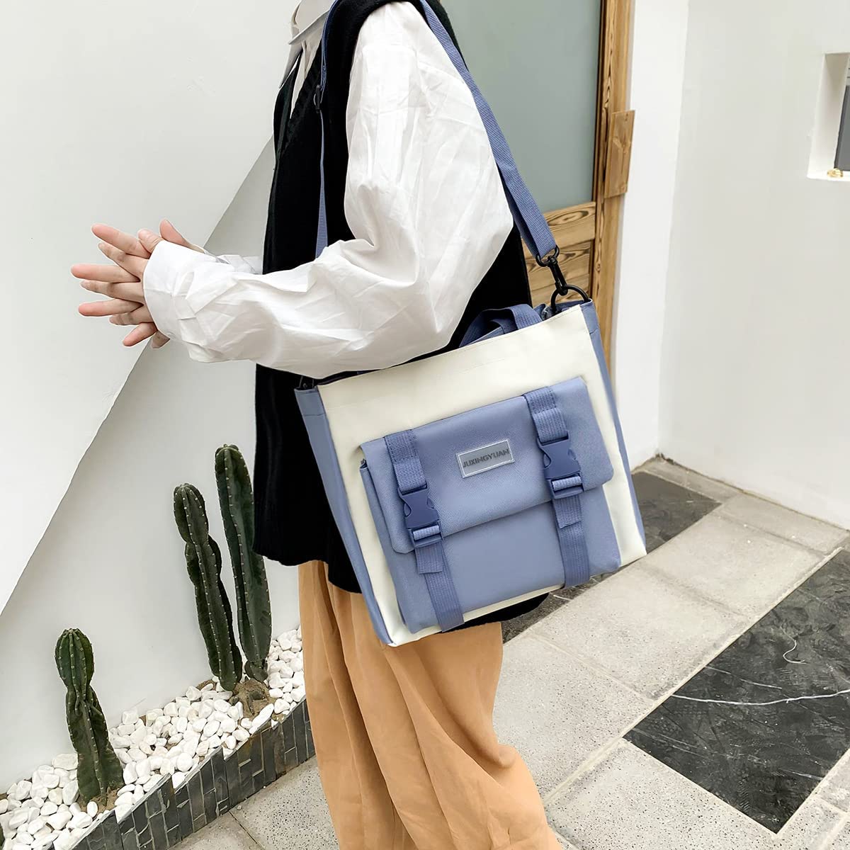 AONUOWE 5pcs Aesthetic Backpack Set for School Teens Girls Daypack Cute Trendy Large Capacity Preppy Shoulder Bag (Blue)