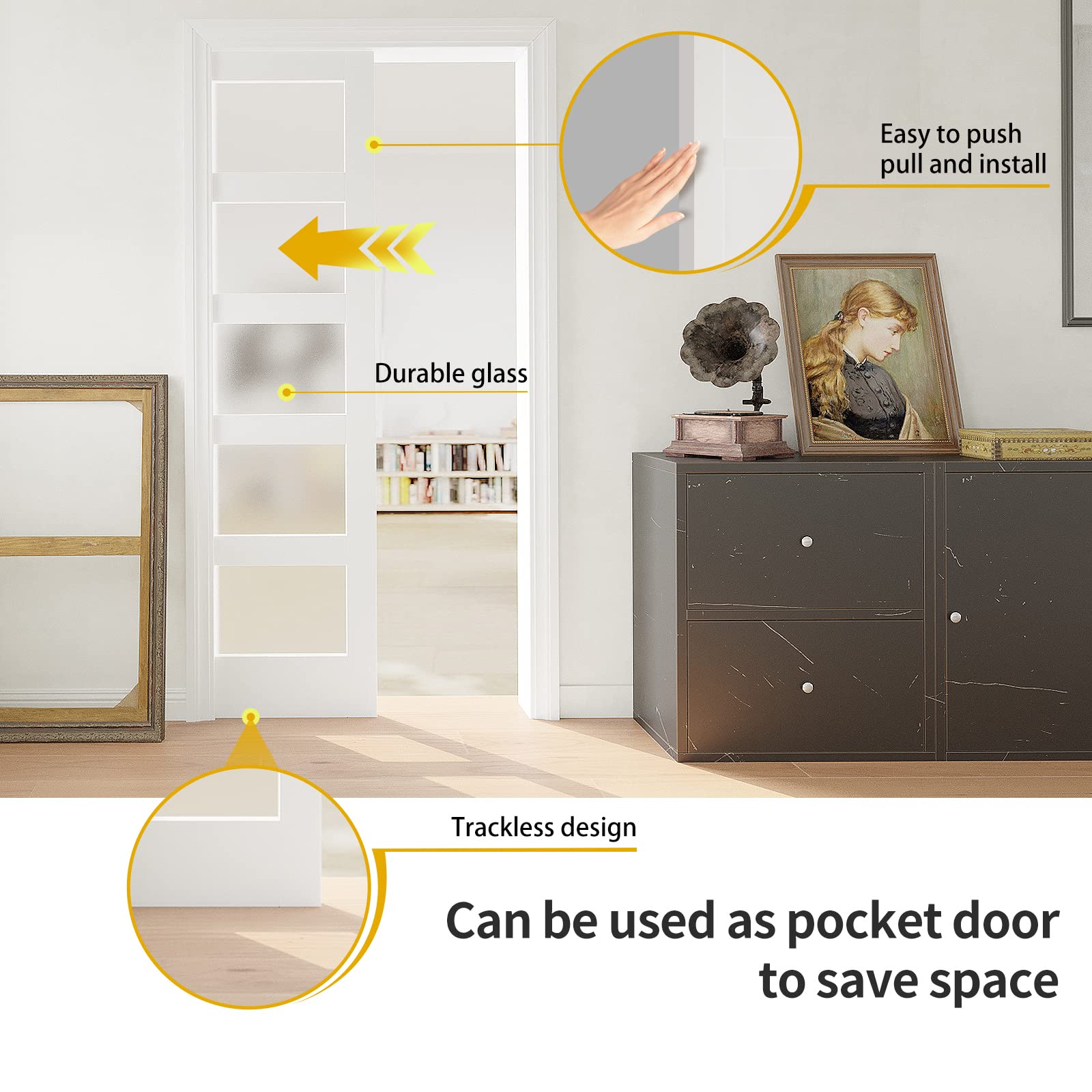 SOLRIG Sliding Pocket Door 30" x 80" - 5 Lites Tempered Frosted Glass Panels, Interior & Closet Single Door Slab, White Primed - Panel Assembly (Needed Without Hardware Kit