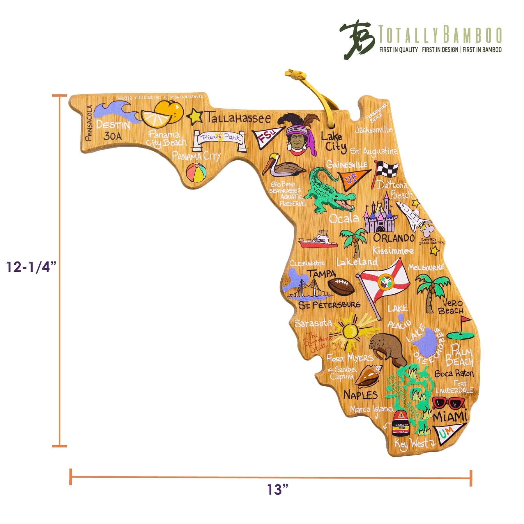 Totally Bamboo Florida State Shaped Cutting Board and Charcuterie Serving Platter with Artwork by Fish Kiss, Includes Hang Tie for Wall Display