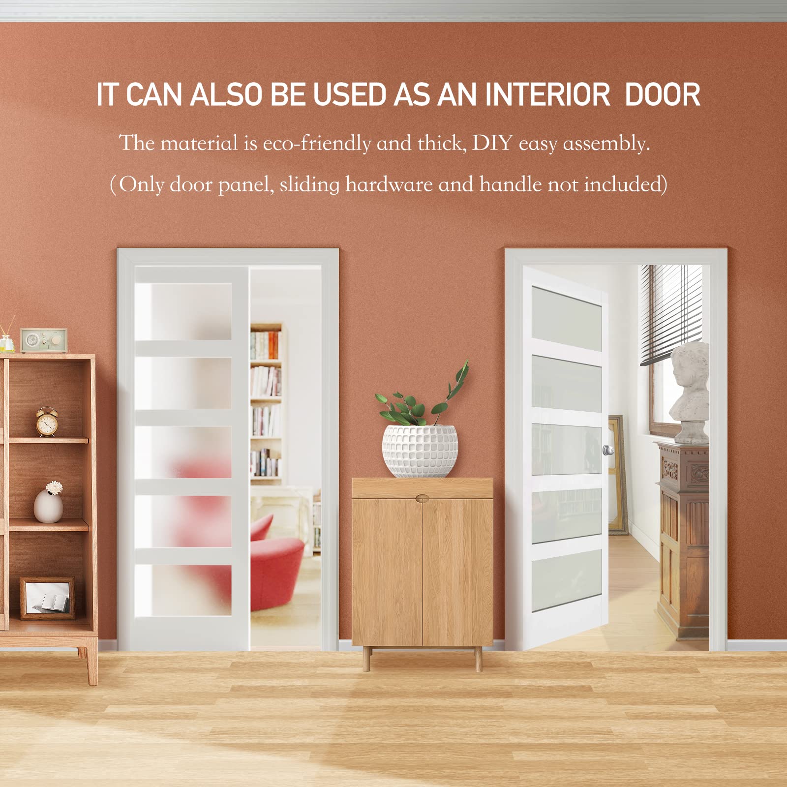 SOLRIG Sliding Pocket Door 30" x 80" - 5 Lites Tempered Frosted Glass Panels, Interior & Closet Single Door Slab, White Primed - Panel Assembly (Needed Without Hardware Kit