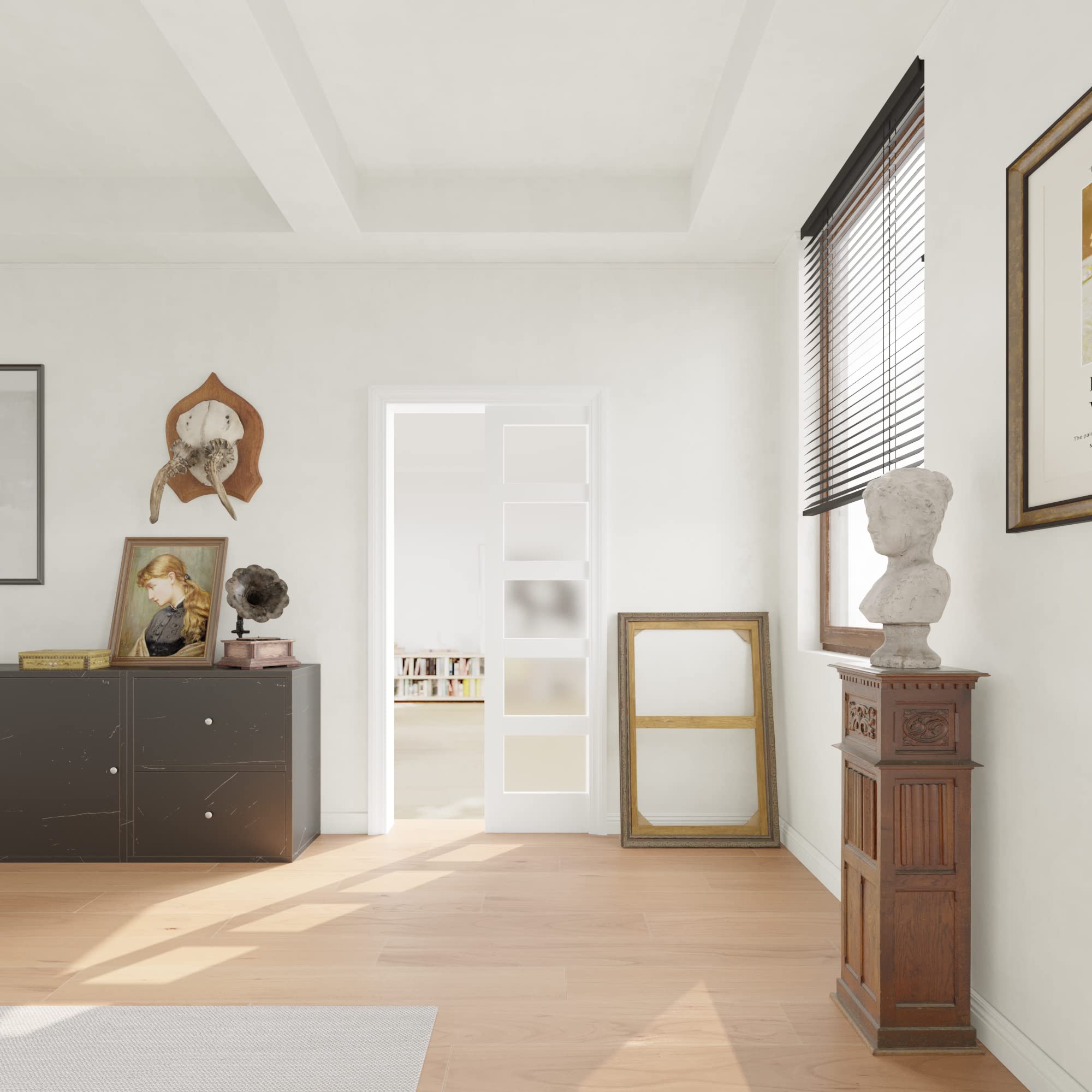 SOLRIG Sliding Pocket Door 30" x 80" - 5 Lites Tempered Frosted Glass Panels, Interior & Closet Single Door Slab, White Primed - Panel Assembly (Needed Without Hardware Kit