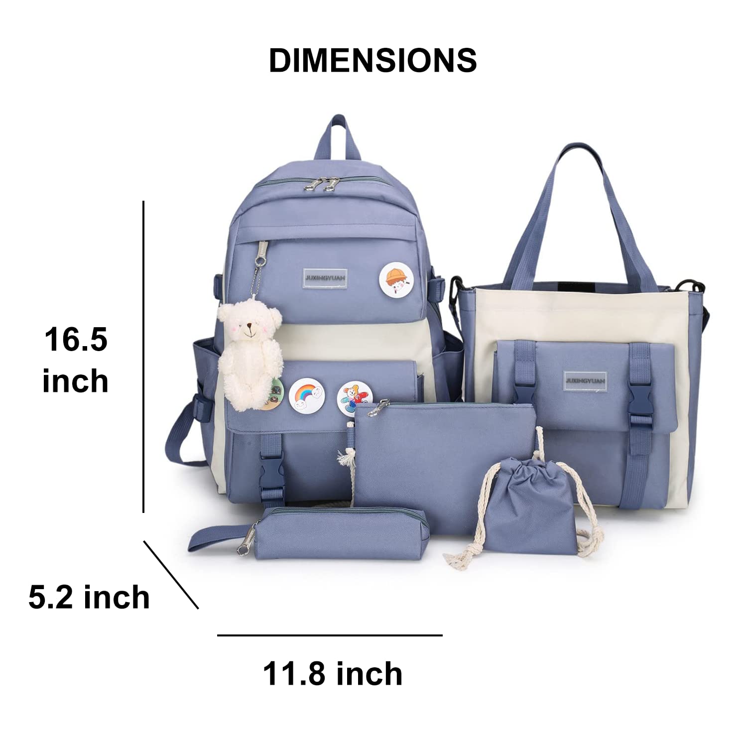 AONUOWE 5pcs Aesthetic Backpack Set for School Teens Girls Daypack Cute Trendy Large Capacity Preppy Shoulder Bag (Blue)