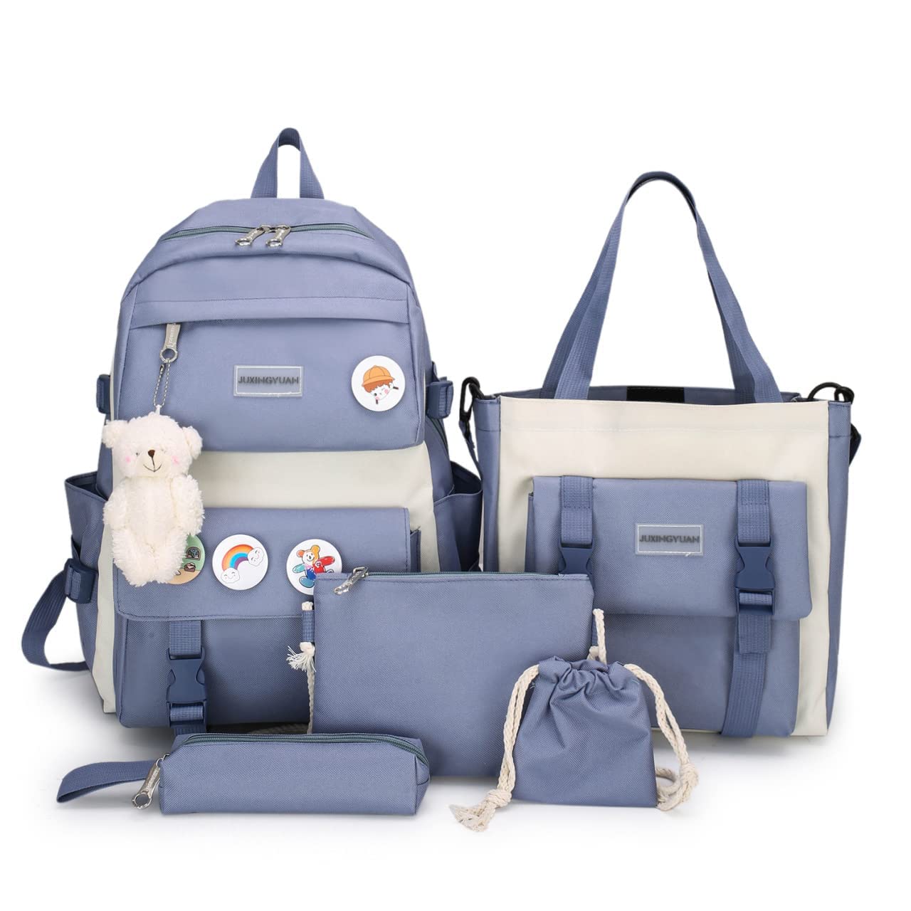 AONUOWE 5pcs Aesthetic Backpack Set for School Teens Girls Daypack Cute Trendy Large Capacity Preppy Shoulder Bag (Blue)