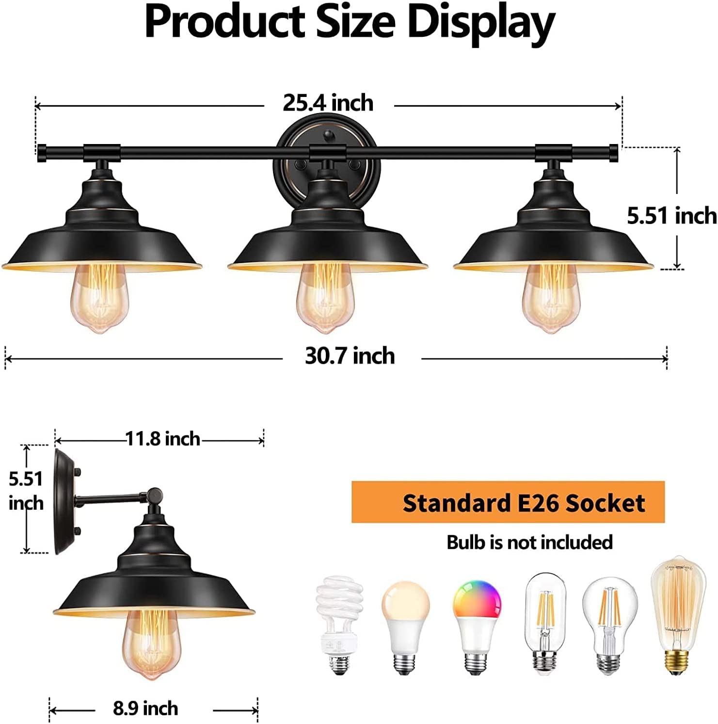 Elibbren Farmhouse Rustic Vintage 3-Lights Vanity Wall Sconce Lighting, E26 Base Metal Matte Black Industrial Bathroom Wall Light Fixture for Bathroom Vanity Mirror Cabinets Dressing Table(BLACK)