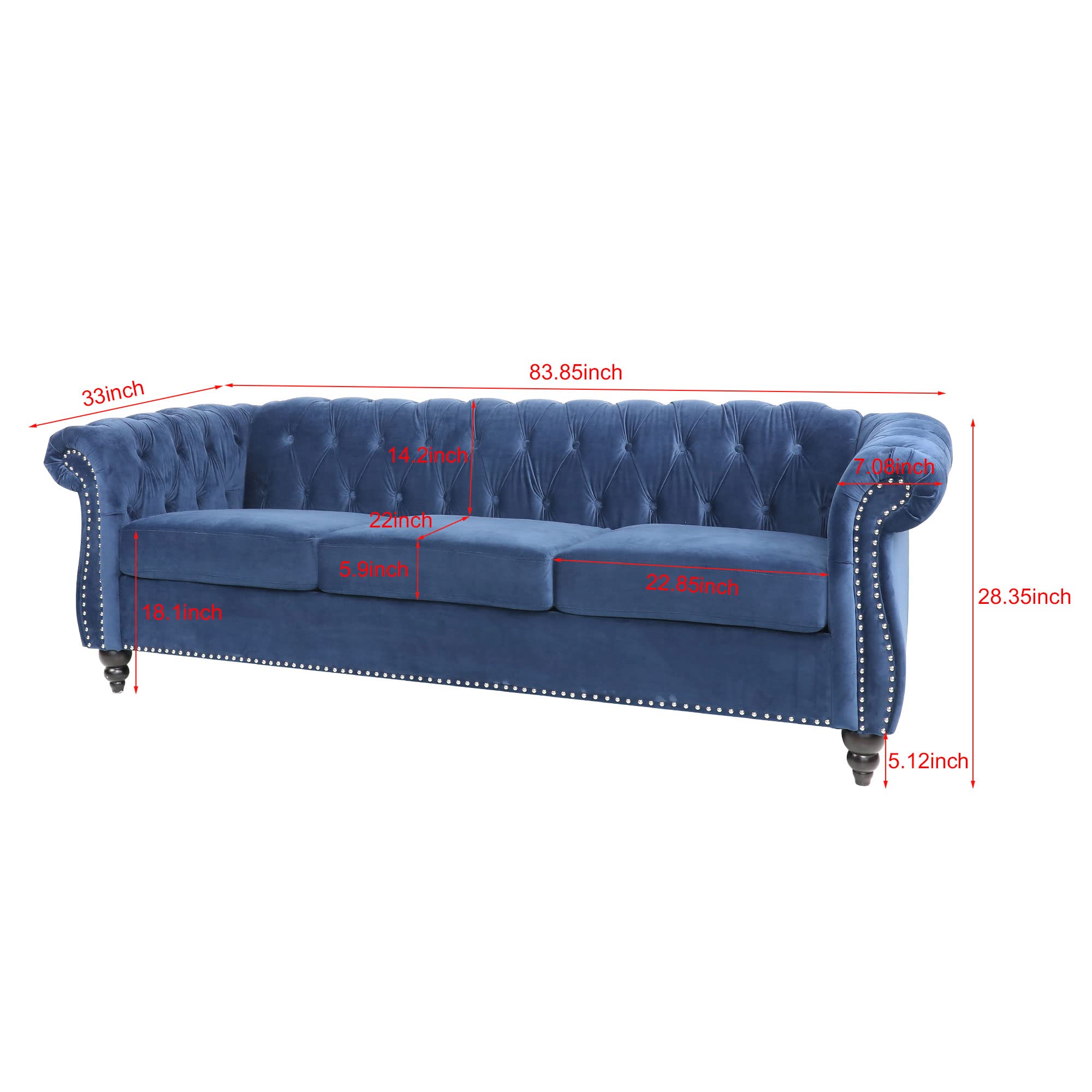 LEVNARY Three-Seat Velvet Sofa, Large Sofa Classic Tufted Chesterfield Settee Modern 3 Seater Couch Furniture Tufted Back for Living Room, Blue