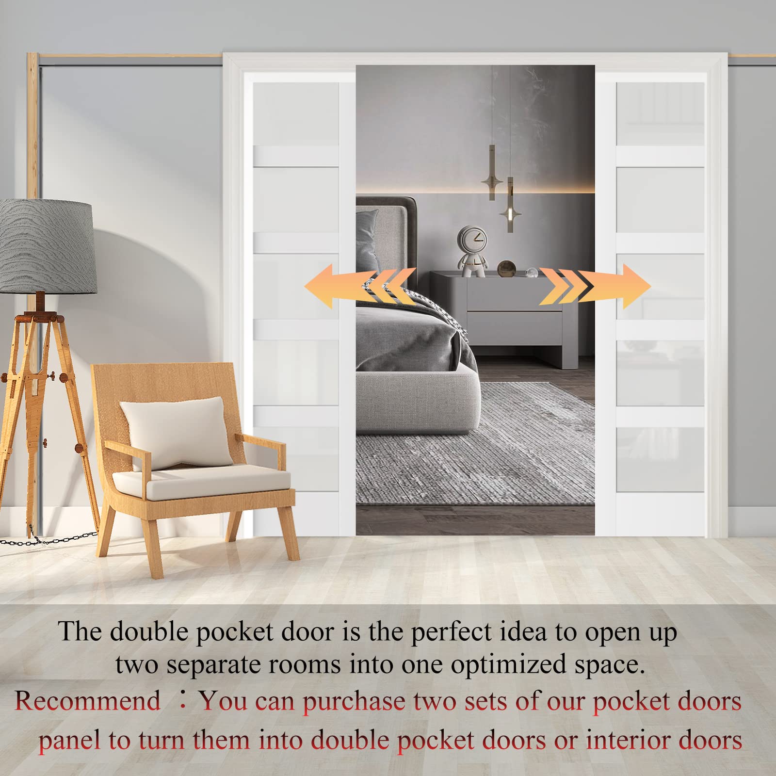 SOLRIG Sliding Pocket Door 30" x 80" - 5 Lites Tempered Frosted Glass Panels, Interior & Closet Single Door Slab, White Primed - Panel Assembly (Needed Without Hardware Kit