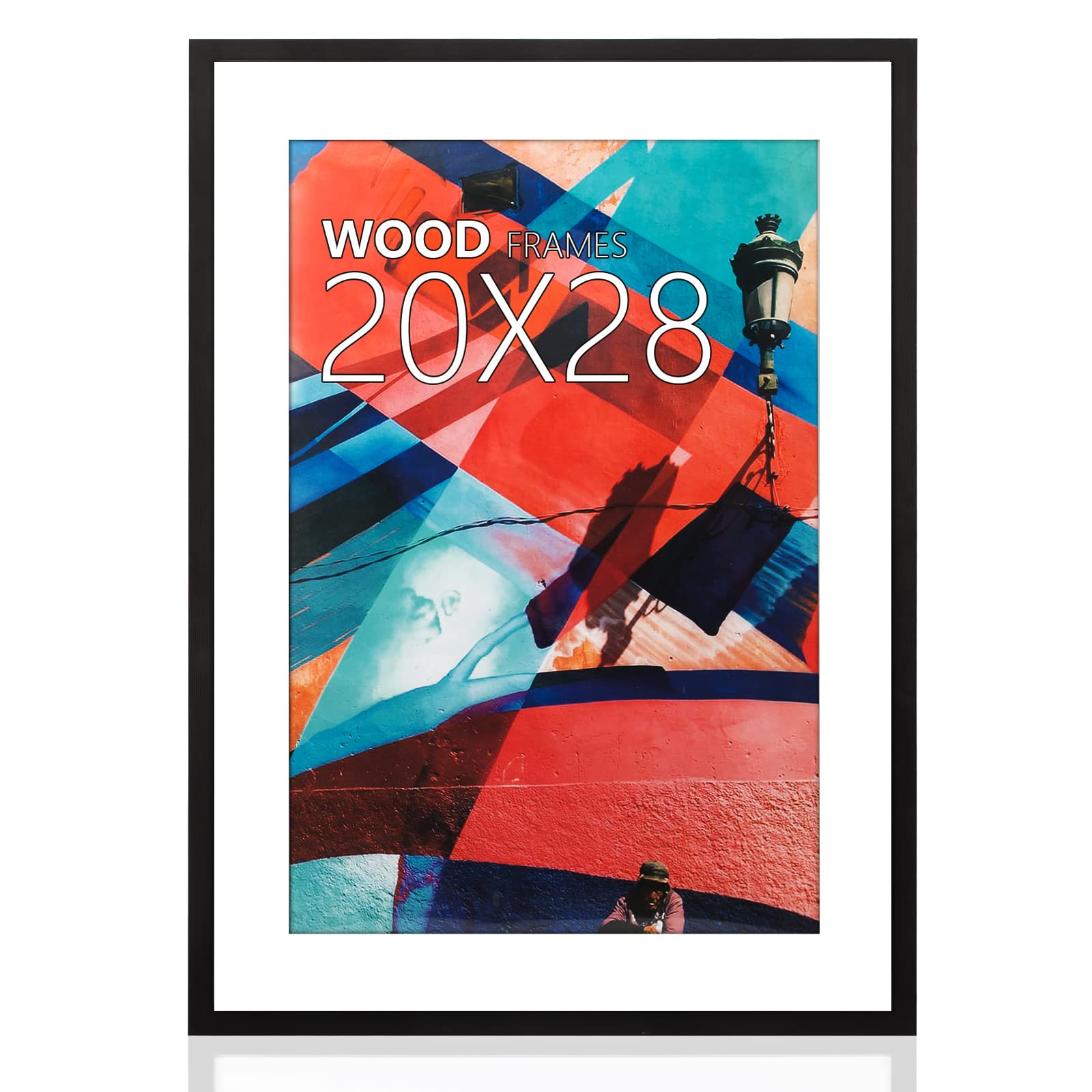POUKROO 20x28 Poster Frame Matted to 16x24 Black Soild Wood Display Picture Puzzle Artwork Canvas Art Painting 16 by 24 with Mat Opening or 20 x 28 without Mat Horizontal or Vertical for Wall Hanging